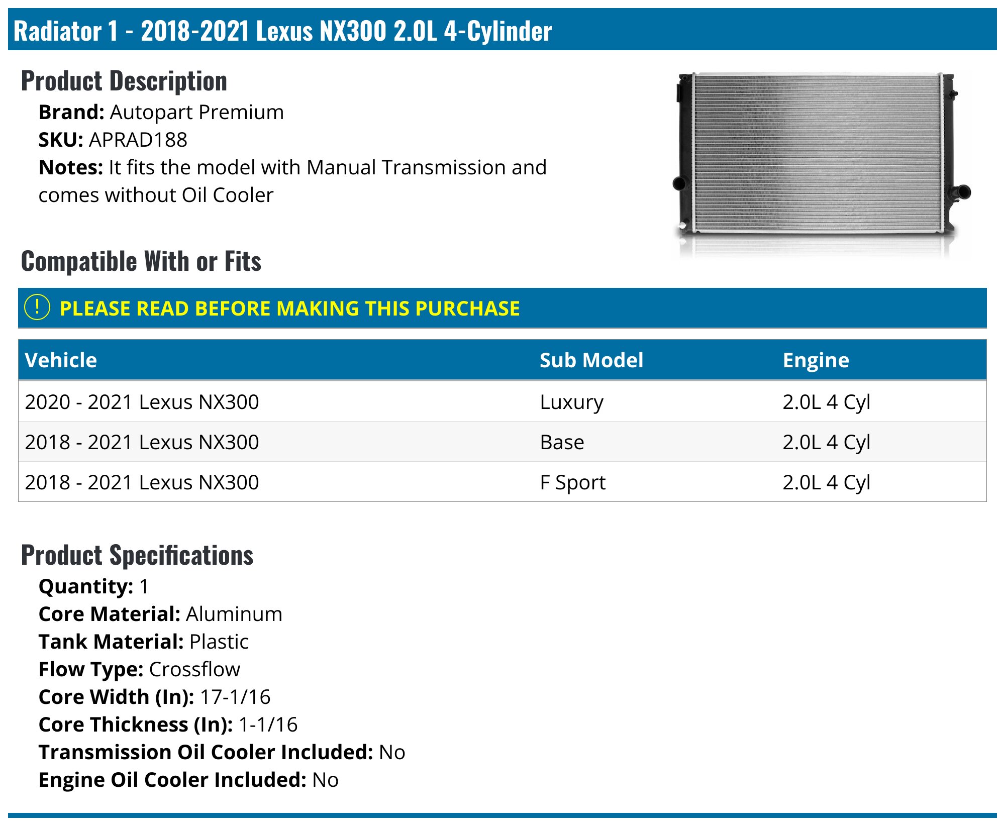 2018-2021 Lexus NX300 Radiator - Autopart Premium APRAD188 - PartsGeek.com