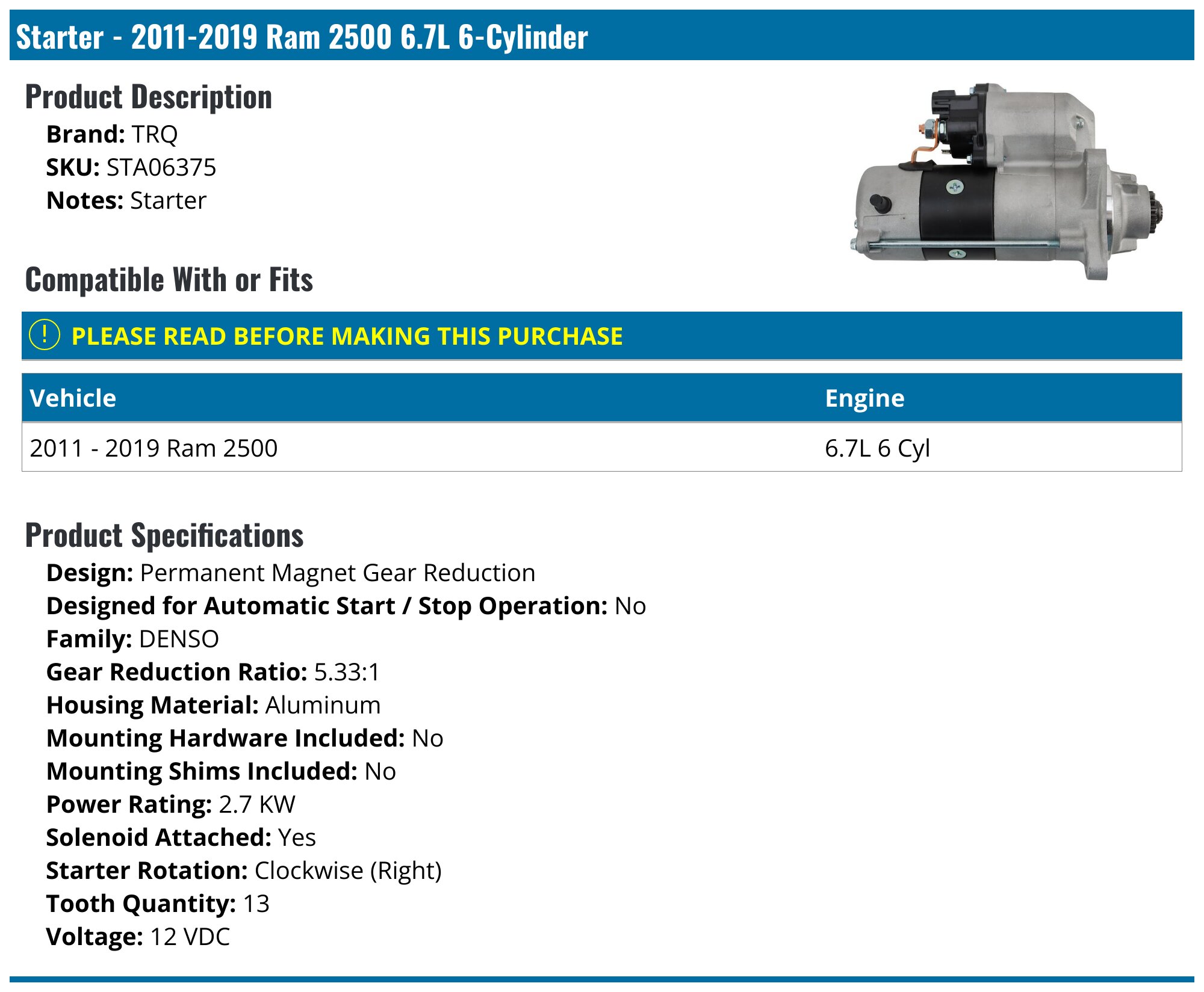 2011-2019 Ram 2500 Starter - TRQ STA06375 - PartsGeek.com