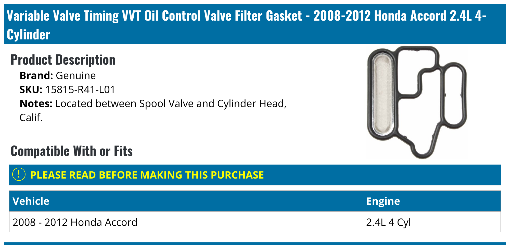 2008-2012 Honda Accord Variable Valve Timing (VVT) Oil Control Valve ...
