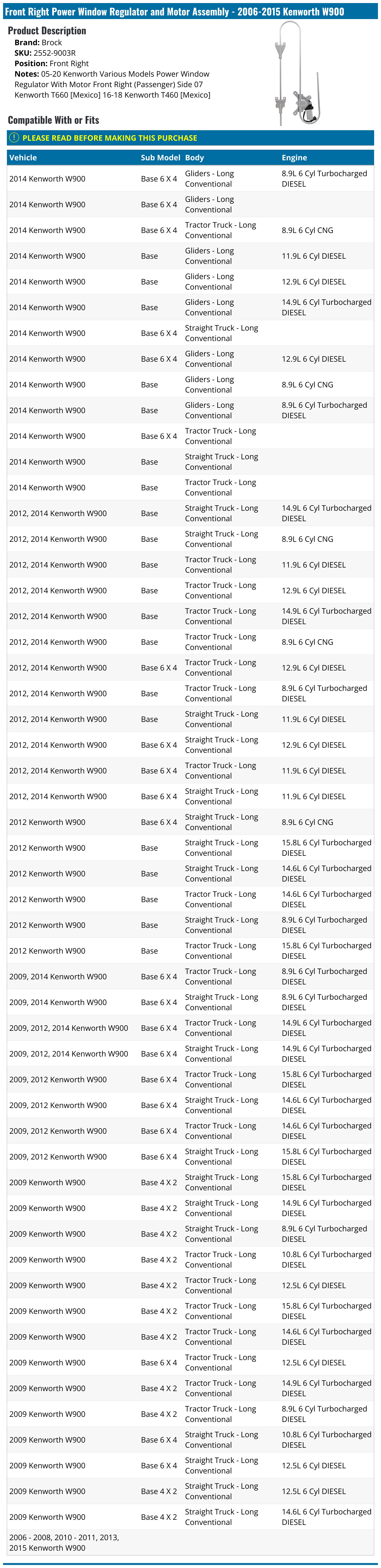 2006-2015 Kenworth W900 Window Regulator - Brock 2552-9003R - Front ...