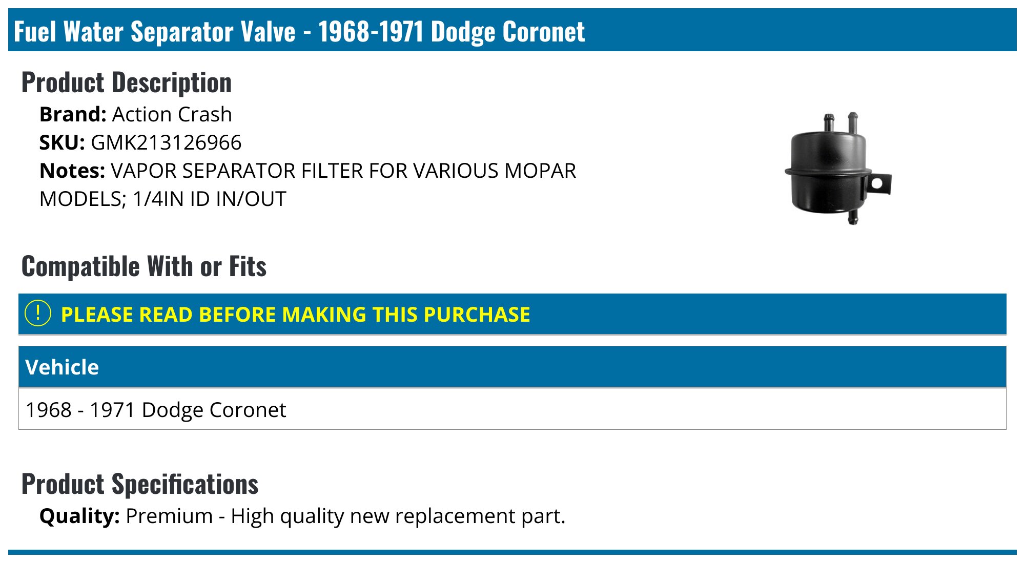 1968-1971 Dodge Coronet Fuel Water Separator Valve - Action Crash ...