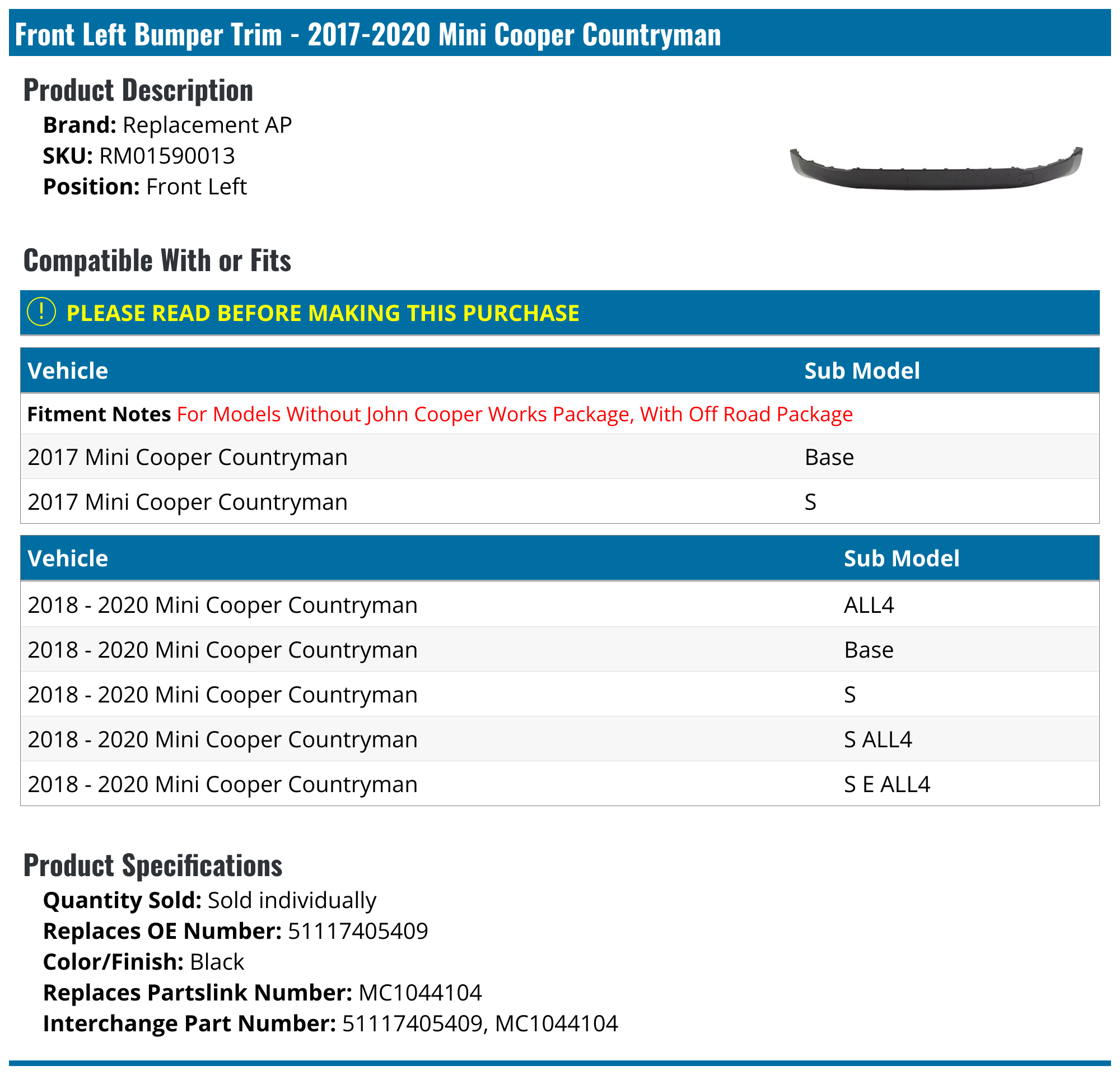 2017-2020 Mini Cooper Countryman Bumper Trim - Replacement AP ...