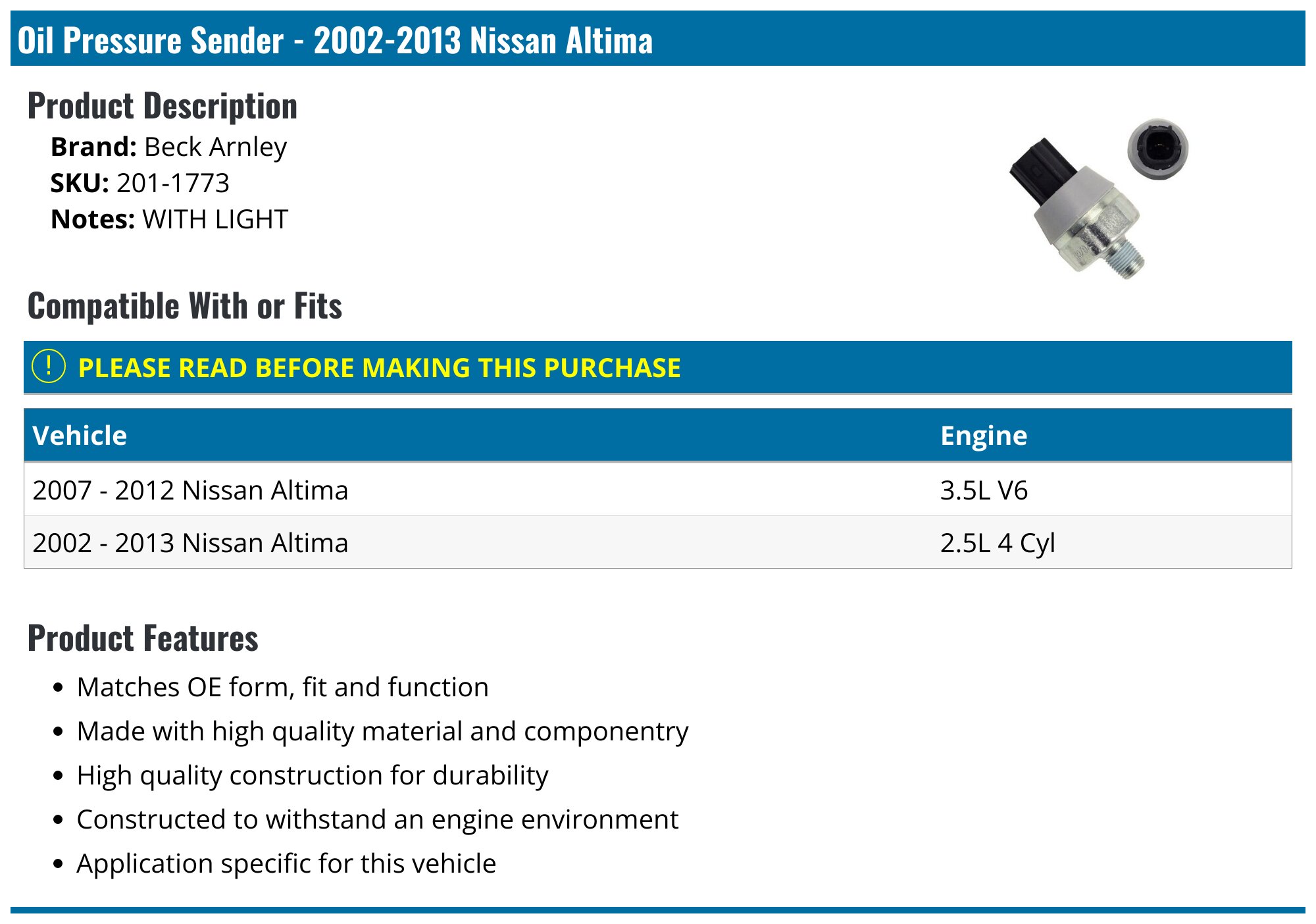 2002-2013 Nissan Altima Oil Pressure Sender - Beck Arnley 201-1773 ...
