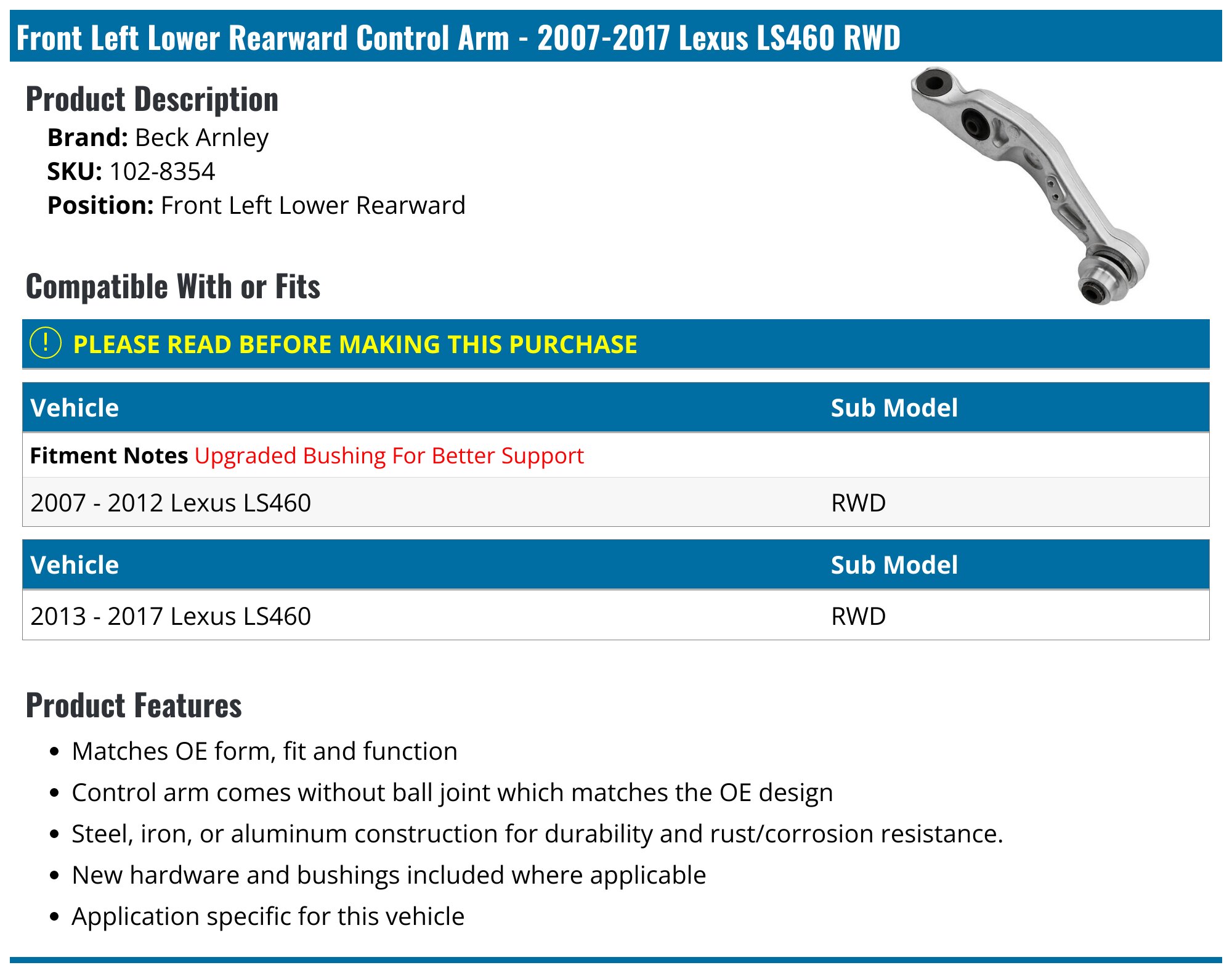 2007-2017 Lexus LS460 Control Arm - Beck Arnley 102-8354 - Front Left ...