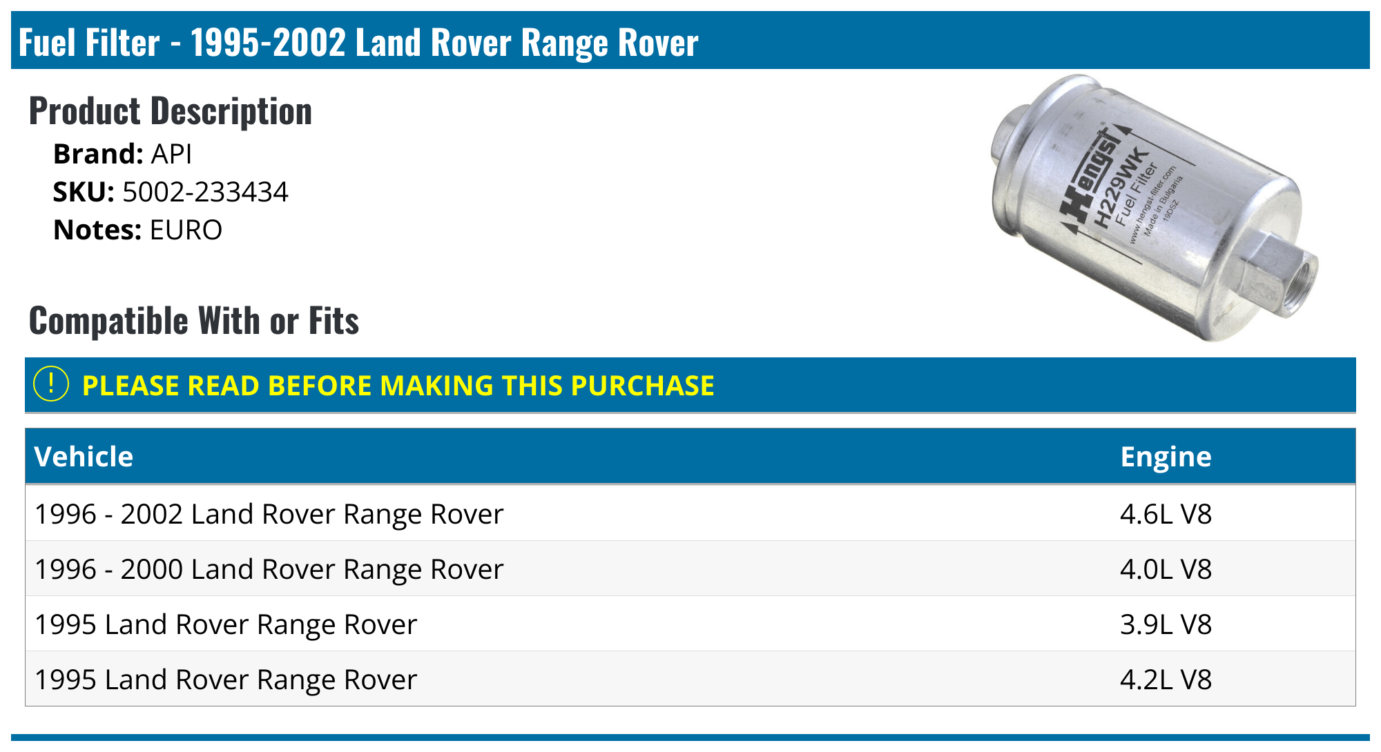 1995-2002 Land Rover Range Rover Fuel Filter - API 293-07646751 ...