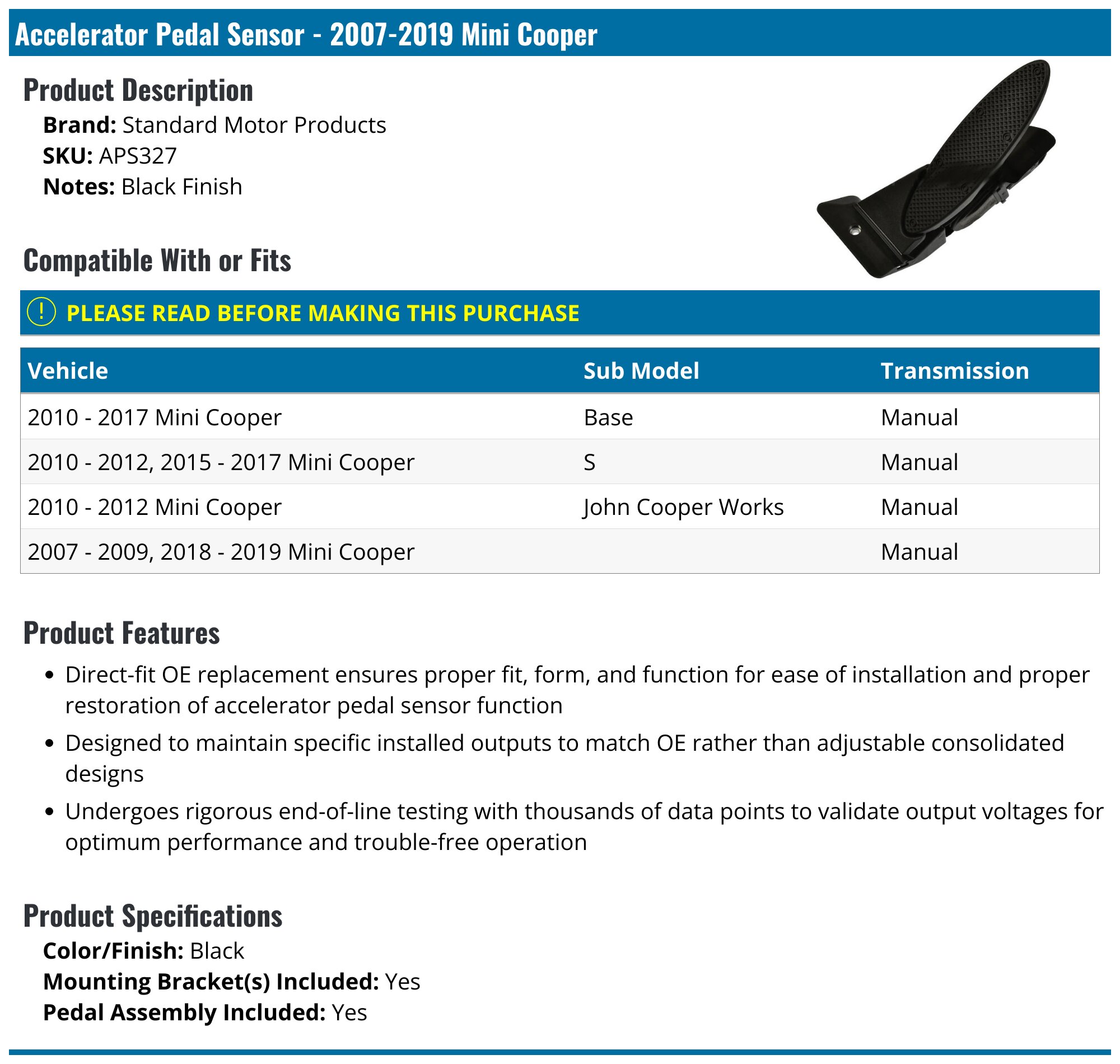 2007-2019, 2021, 2023-2024 Mini Cooper Accelerator Pedal Sensor ...