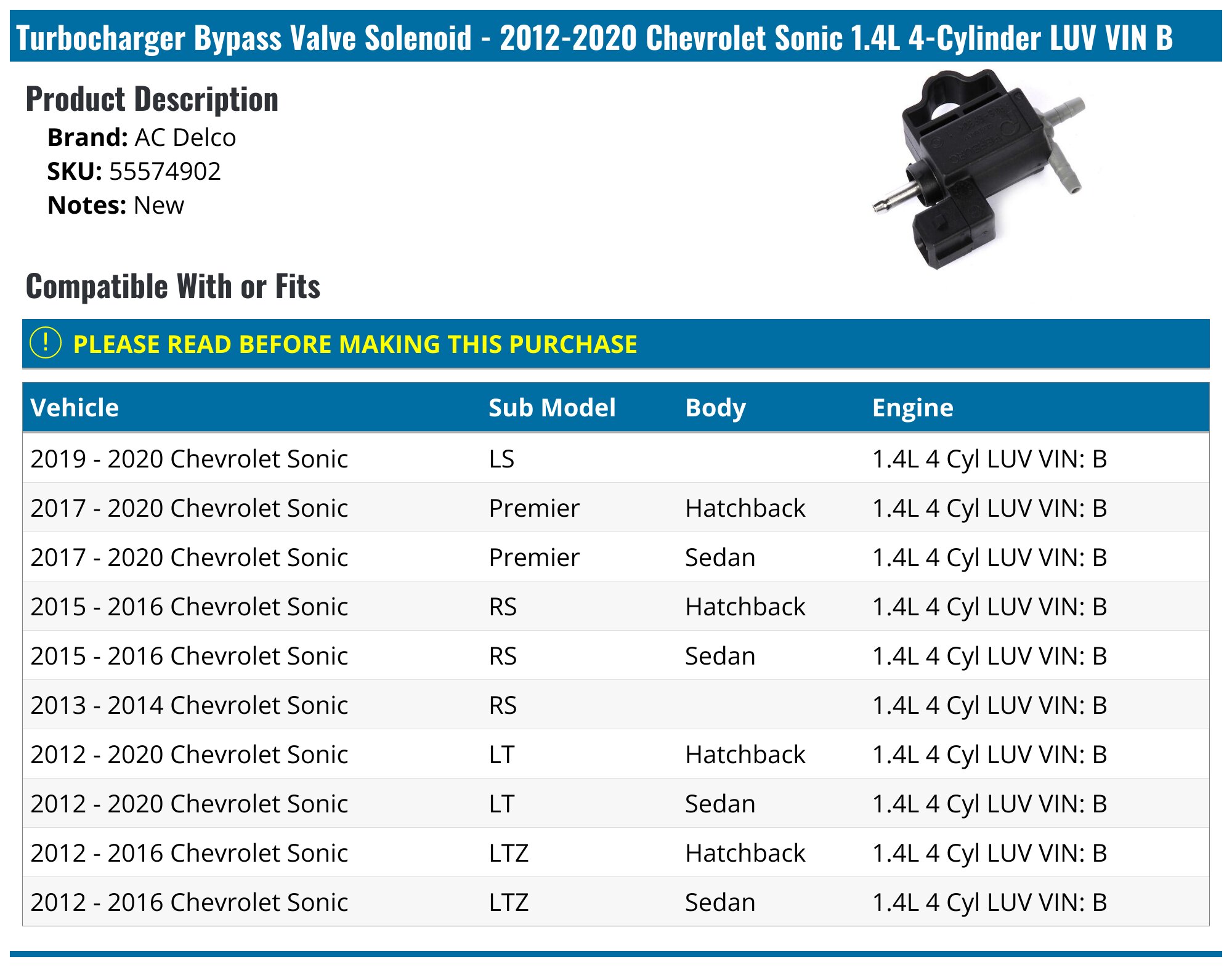 2012-2020 Chevrolet Sonic Turbocharger Bypass Valve Solenoid - AC Delco ...