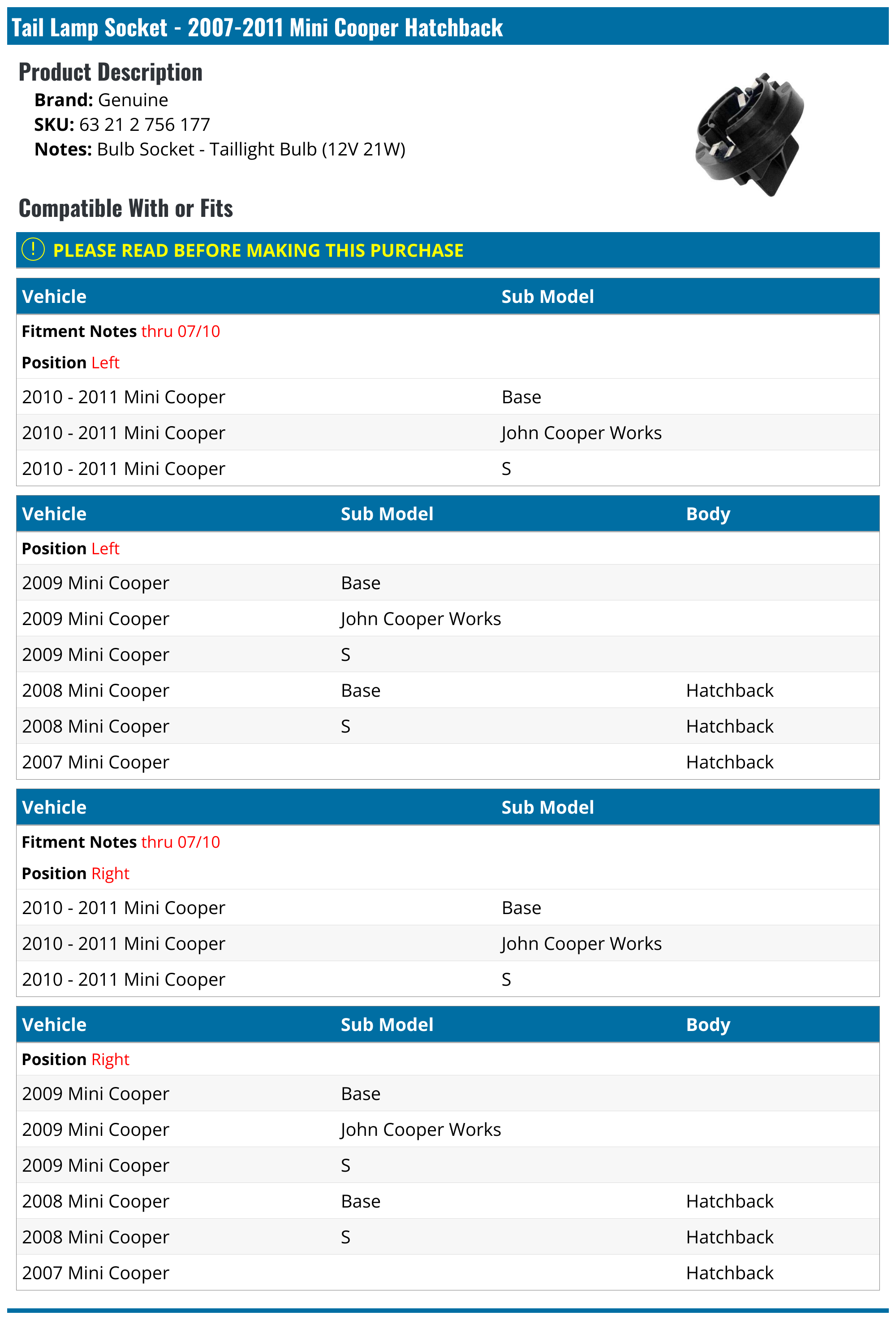 2007-2011 Mini Cooper Tail Lamp Socket - Genuine 63 21 2 756 177 - Left ...