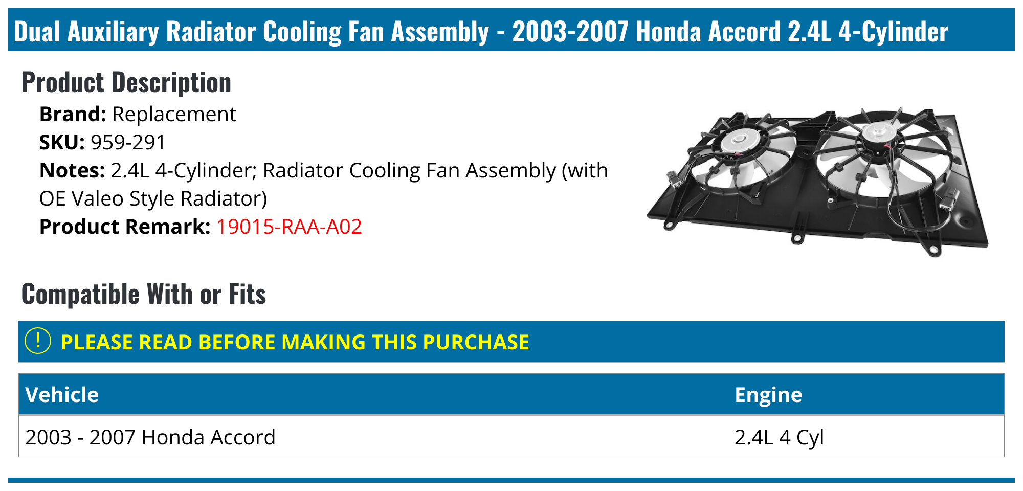 2003-2007 Honda Accord Radiator Fan Assembly - Replacement 959-291 ...