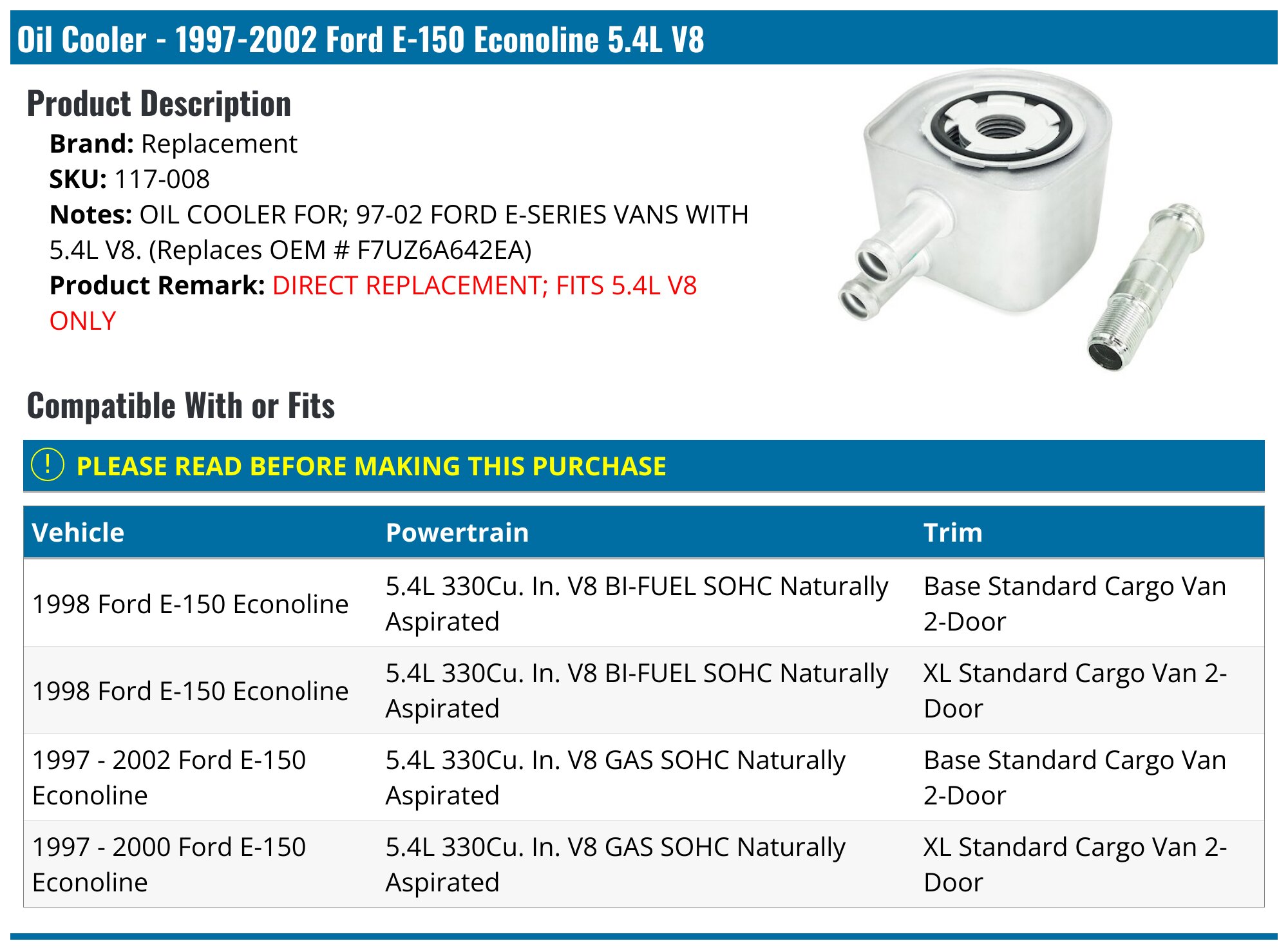 1997-2002 Ford E150 Econoline Oil Cooler - Replacement 117-008 ...