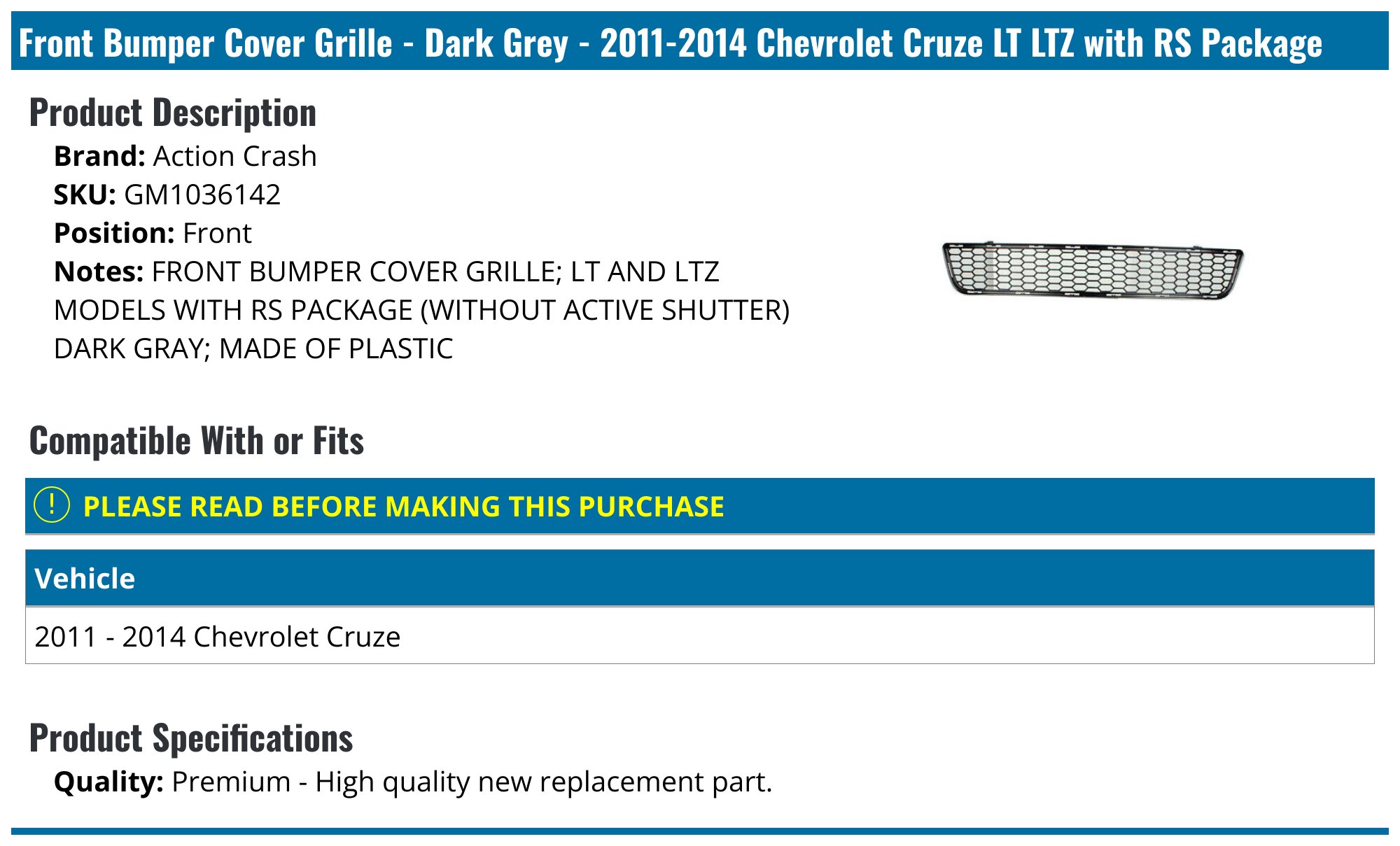 2011-2014 Chevrolet Cruze Grille Assembly - Action Crash GM1036142 ...