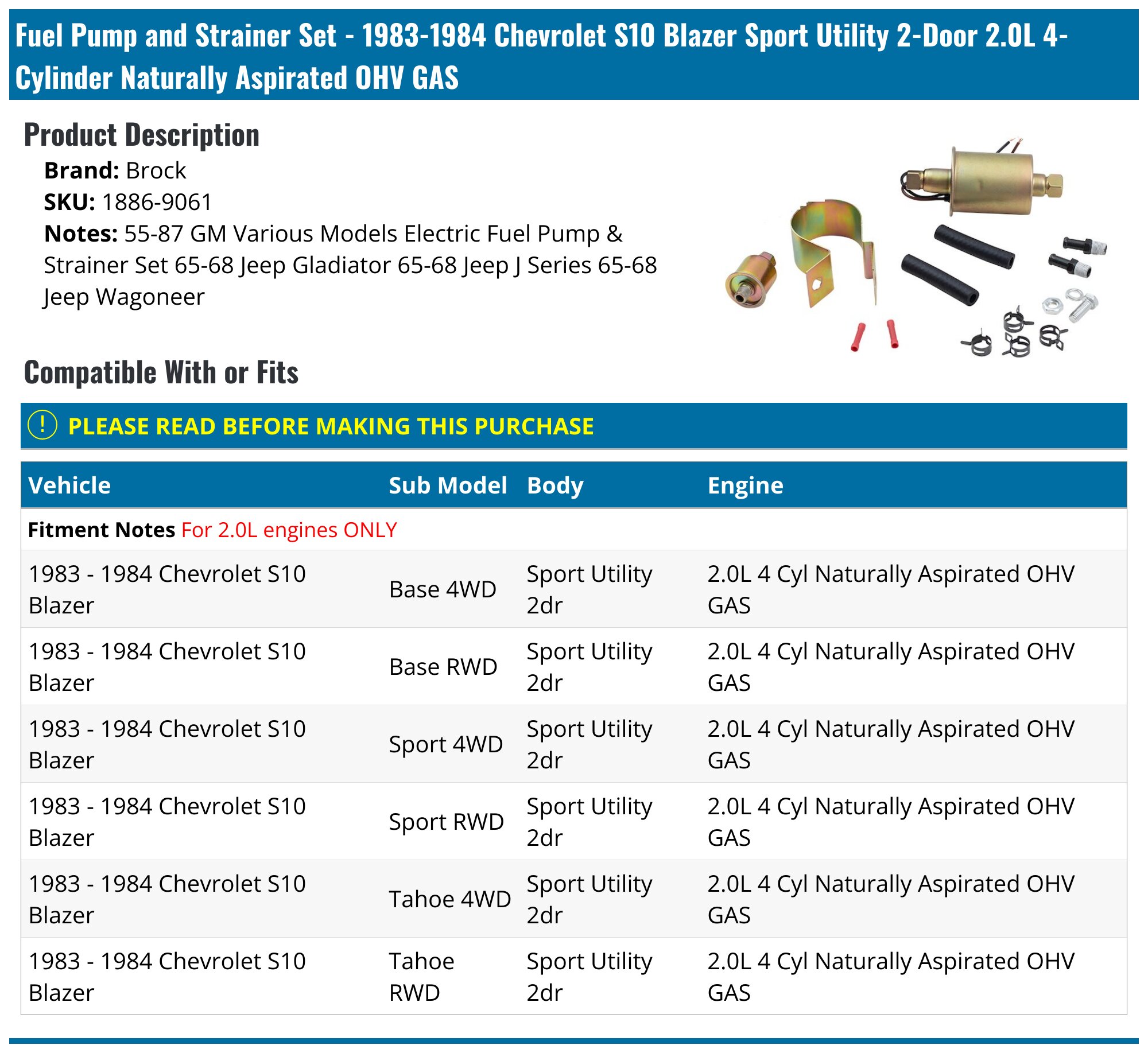 1983-1984 Chevrolet S10 Blazer Fuel Pump - Brock 1886-9061 - PartsGeek.com