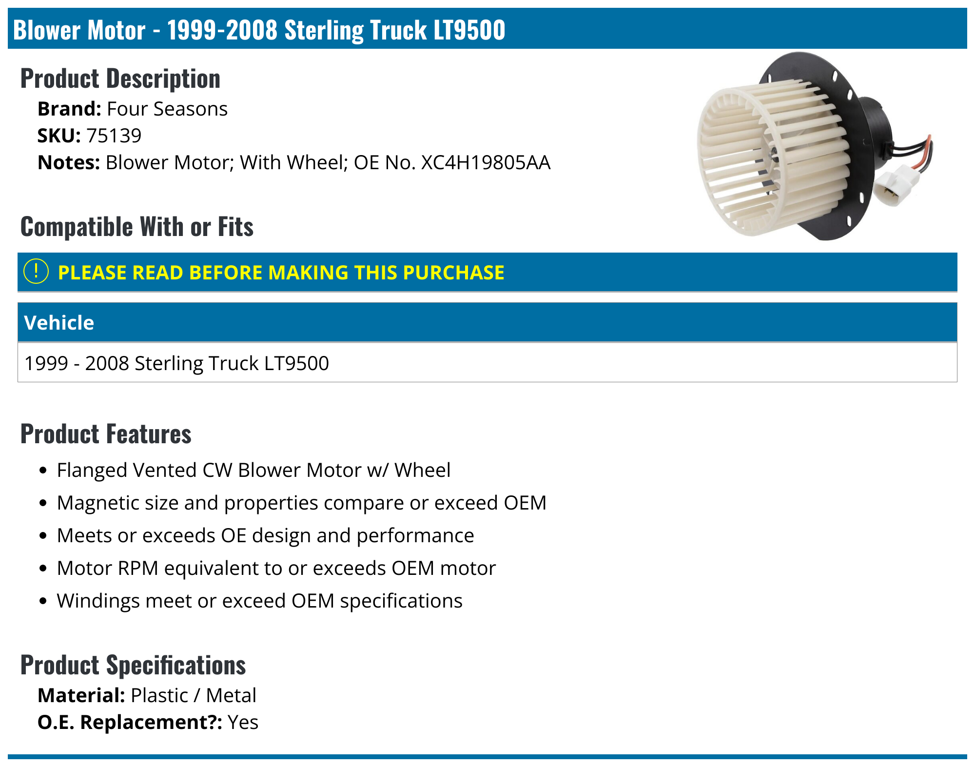 1999-2008 Sterling Truck LT9500 Blower Motor - Four Seasons 75139 ...