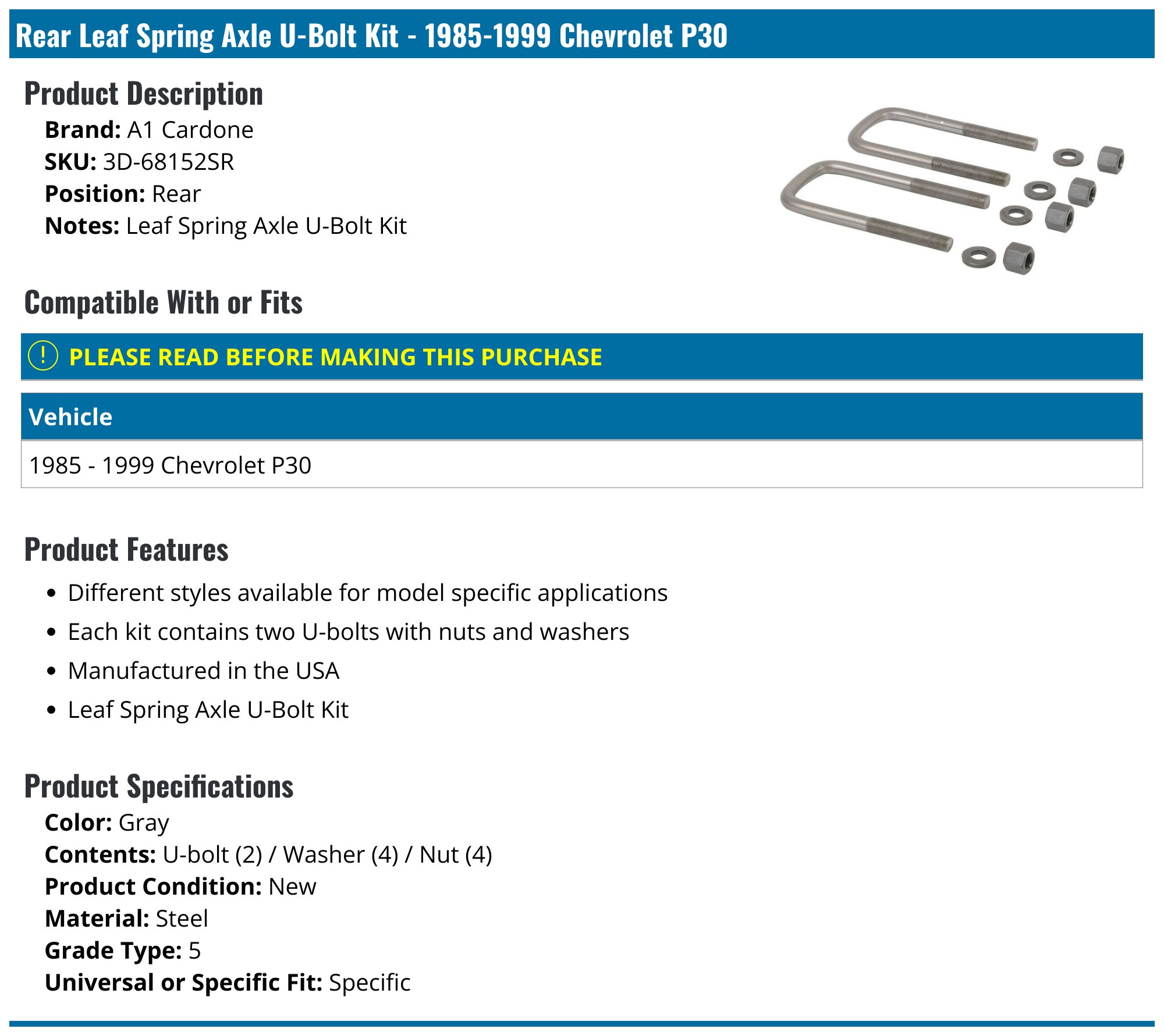 1985-1999 Chevrolet P30 Leaf Spring Axle U-Bolt - A1 Cardone 3D-68152SR ...