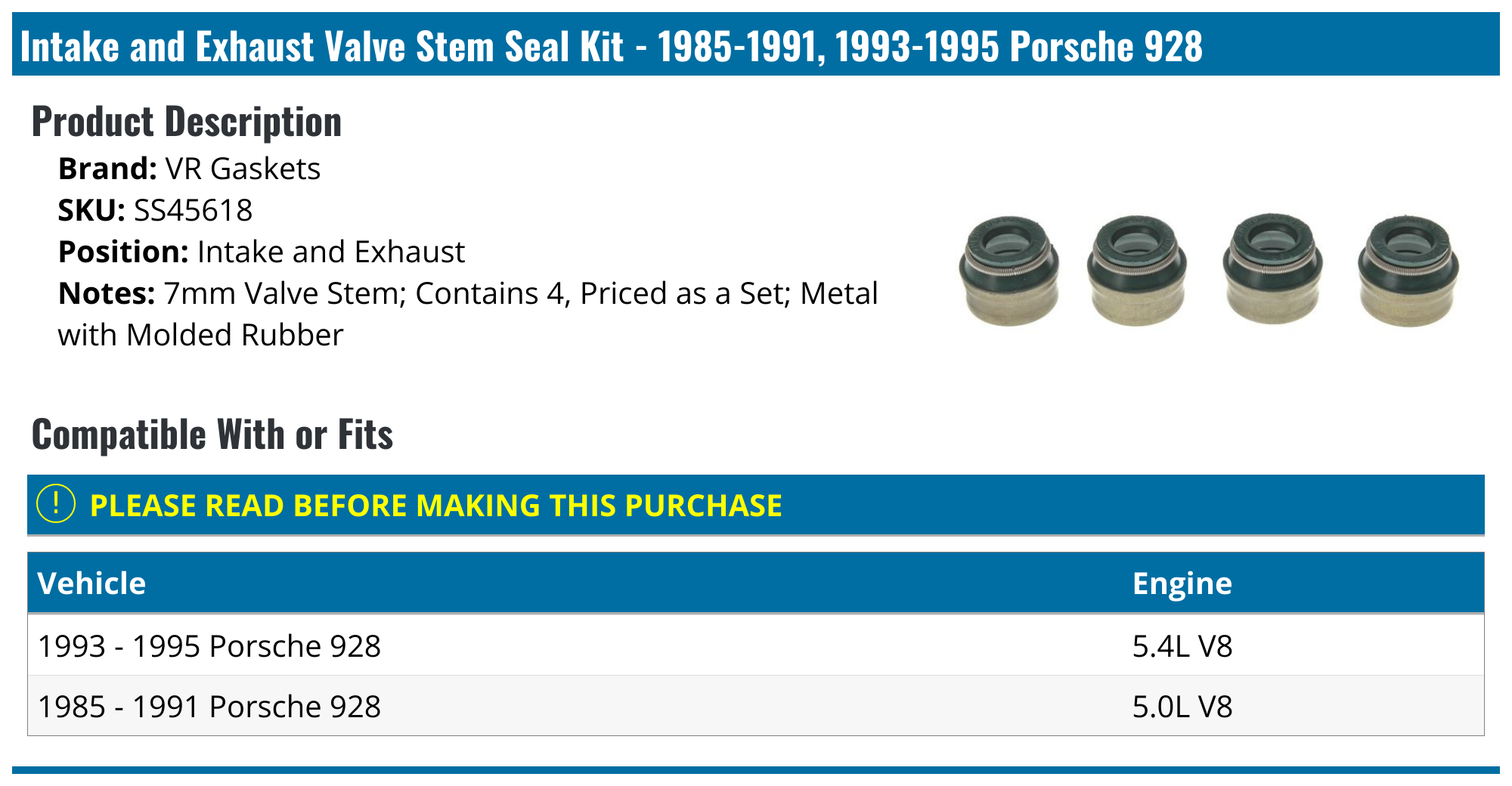 1985-1991, 1993-1995 Porsche 928 Valve Stem Seal Kit - VR Gaskets ...