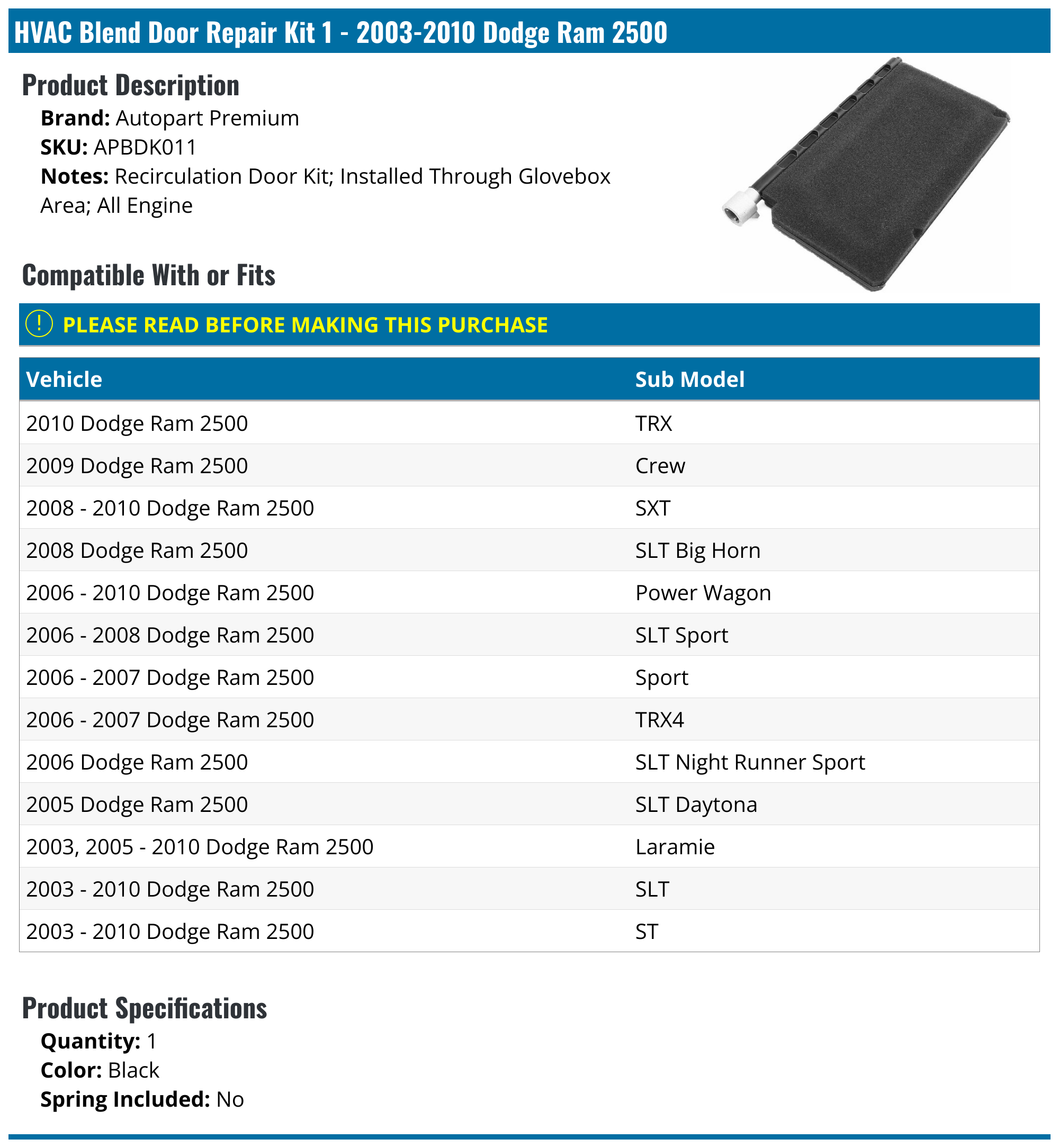 2003-2010 Dodge Ram 2500 HVAC Blend Door Repair Kit - Autopart Premium ...