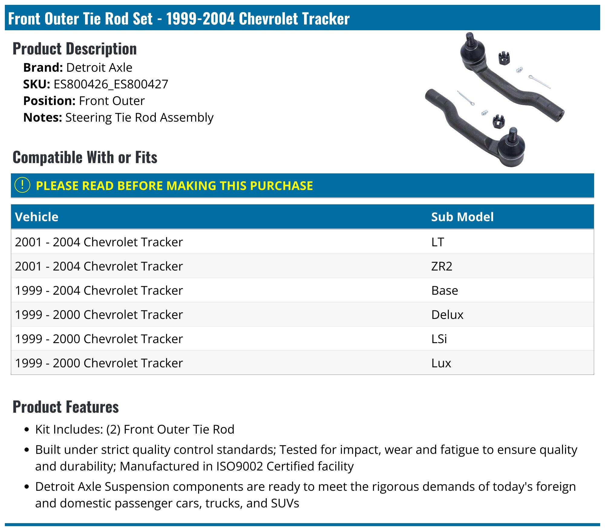 1999-2004 Chevrolet Tracker Tie Rod - Detroit Axle ES800426_ES800427 ...