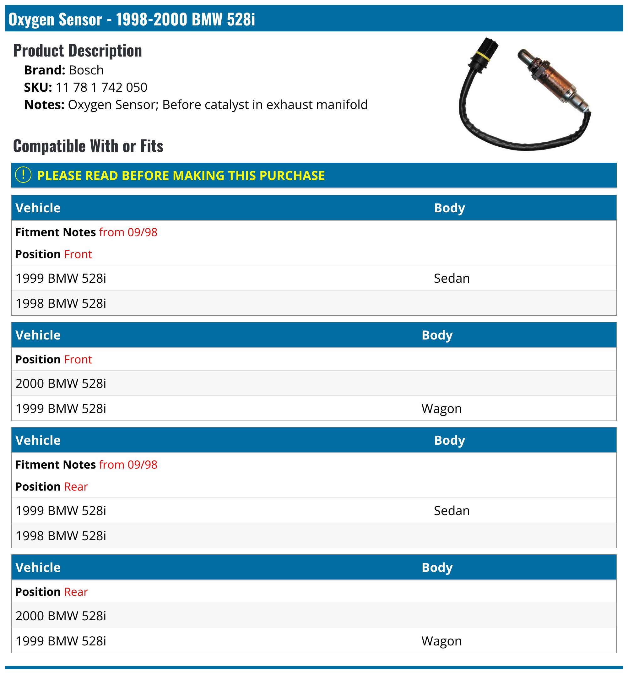 1998-2000 BMW 528i Oxygen Sensor - Bosch 11 78 1 742 050 - Rear ...