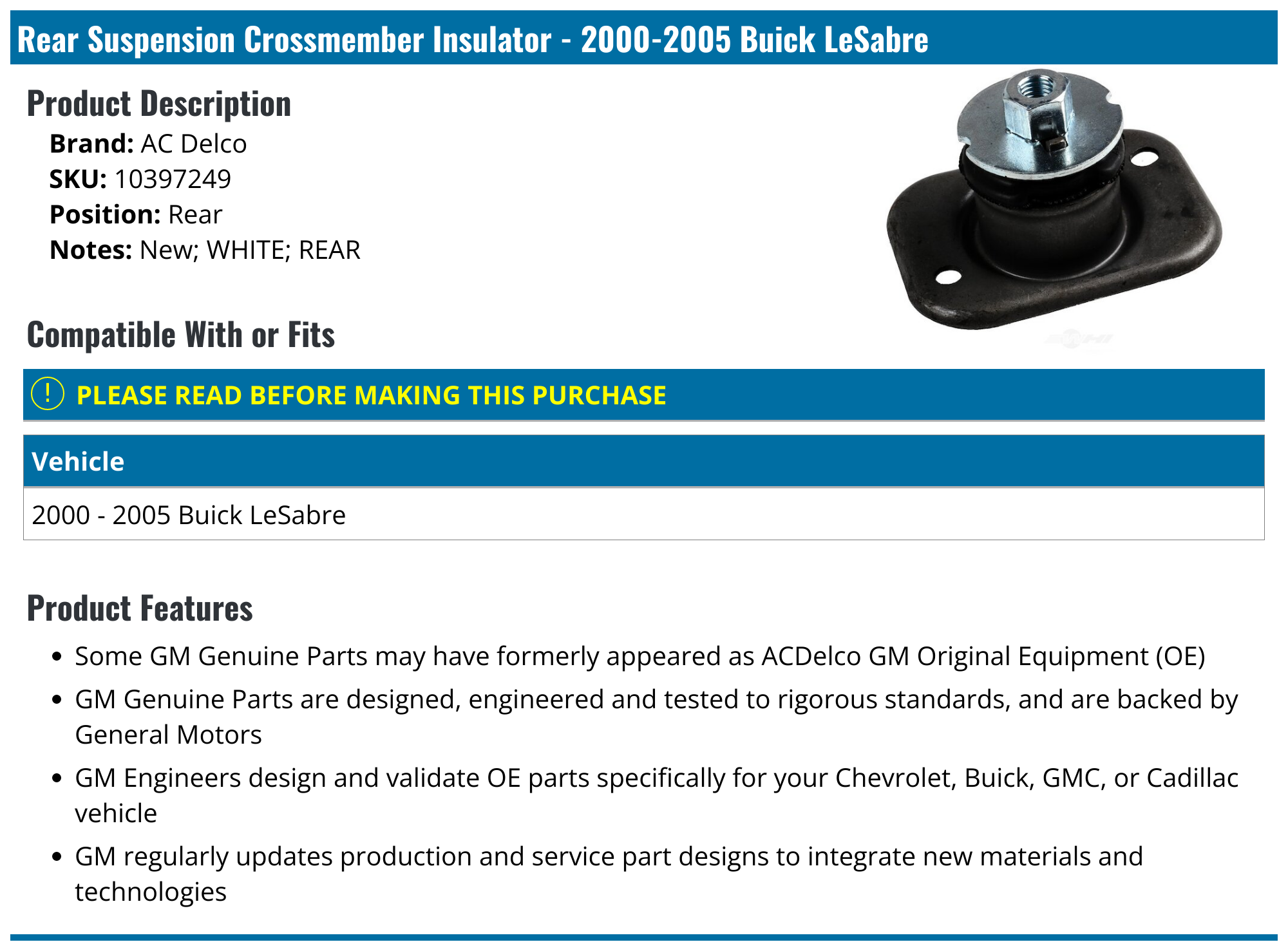 2000-2005 Buick LeSabre Suspension Crossmember Insulator - AC Delco ...