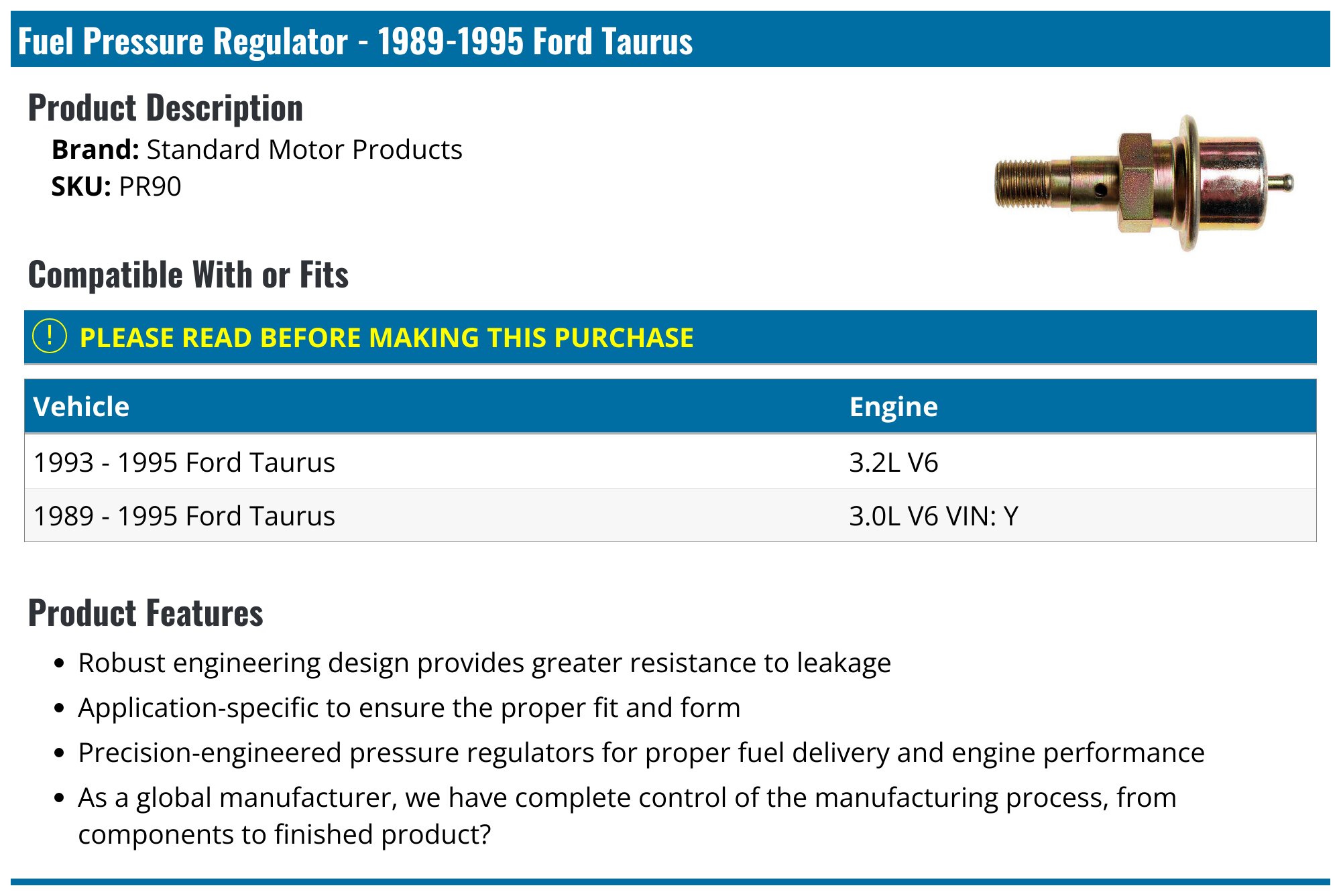 1989-1995 Ford Taurus Fuel Pressure Regulator - Standard Motor Products ...