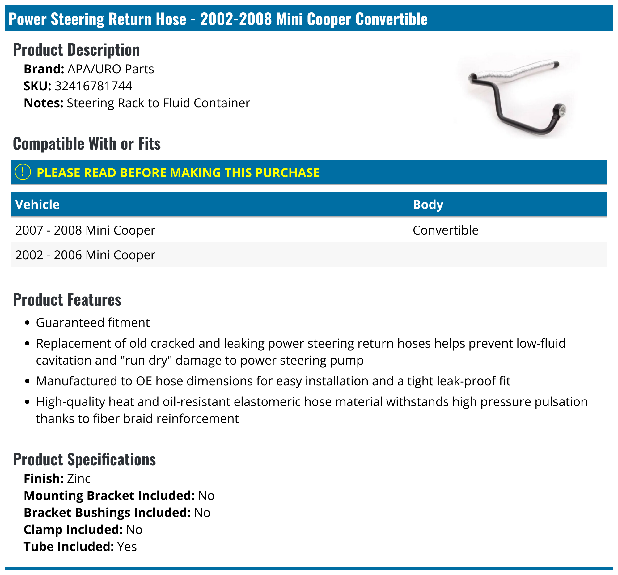 2002-2008 Mini Cooper Power Steering Return Hose - APA/URO Parts ...