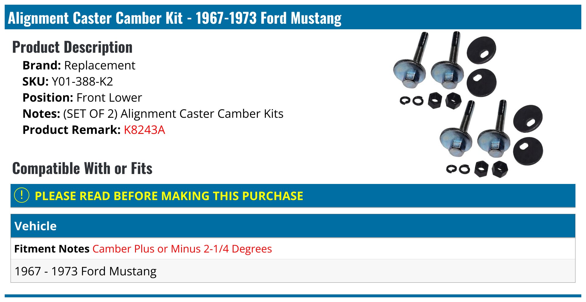 1967-1973 Ford Mustang Alignment Caster Camber Kit - Replacement Y01 ...