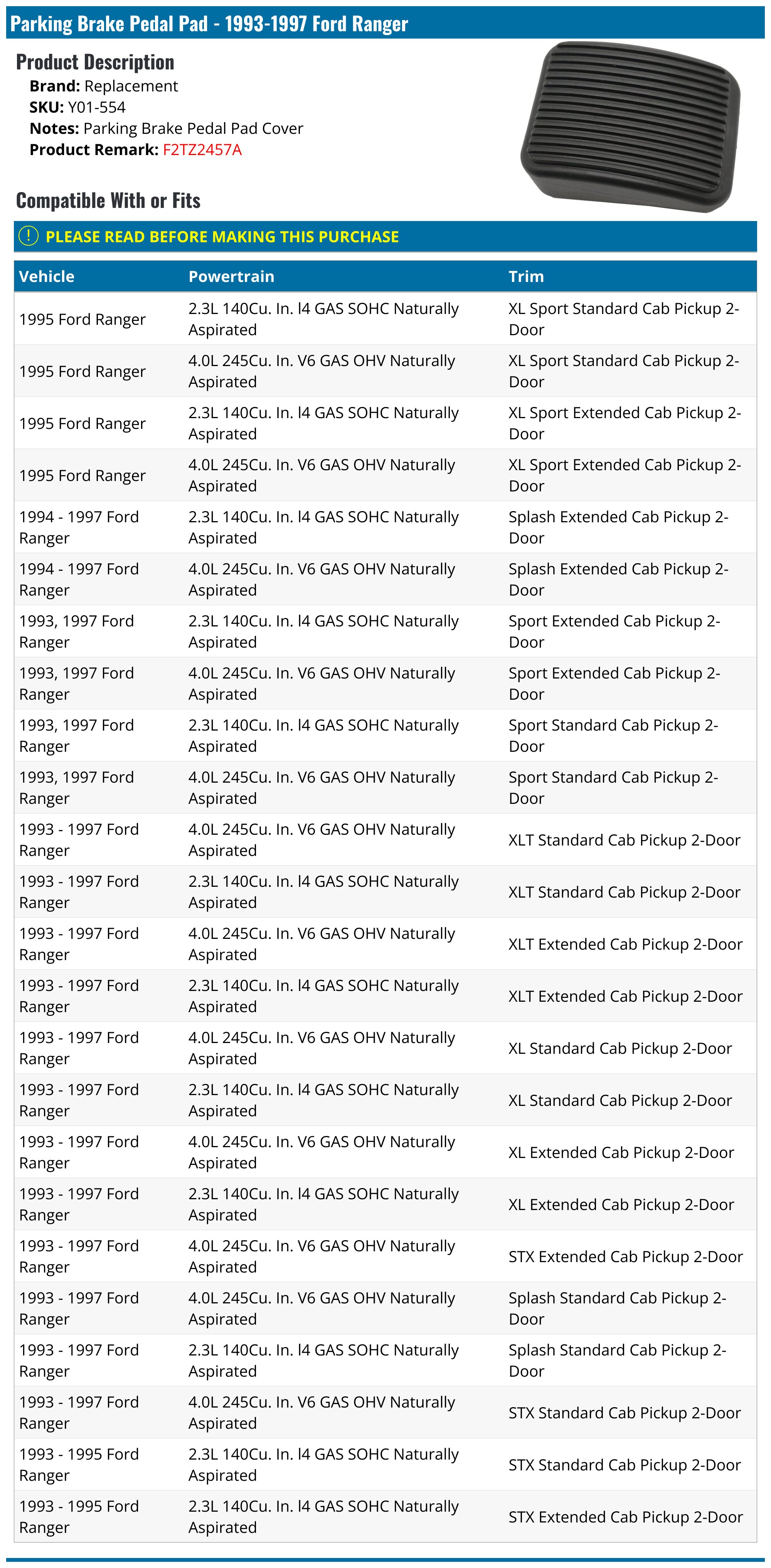 1993-1997 Ford Ranger Parking Brake Pedal Pad - Replacement Y01-554 ...