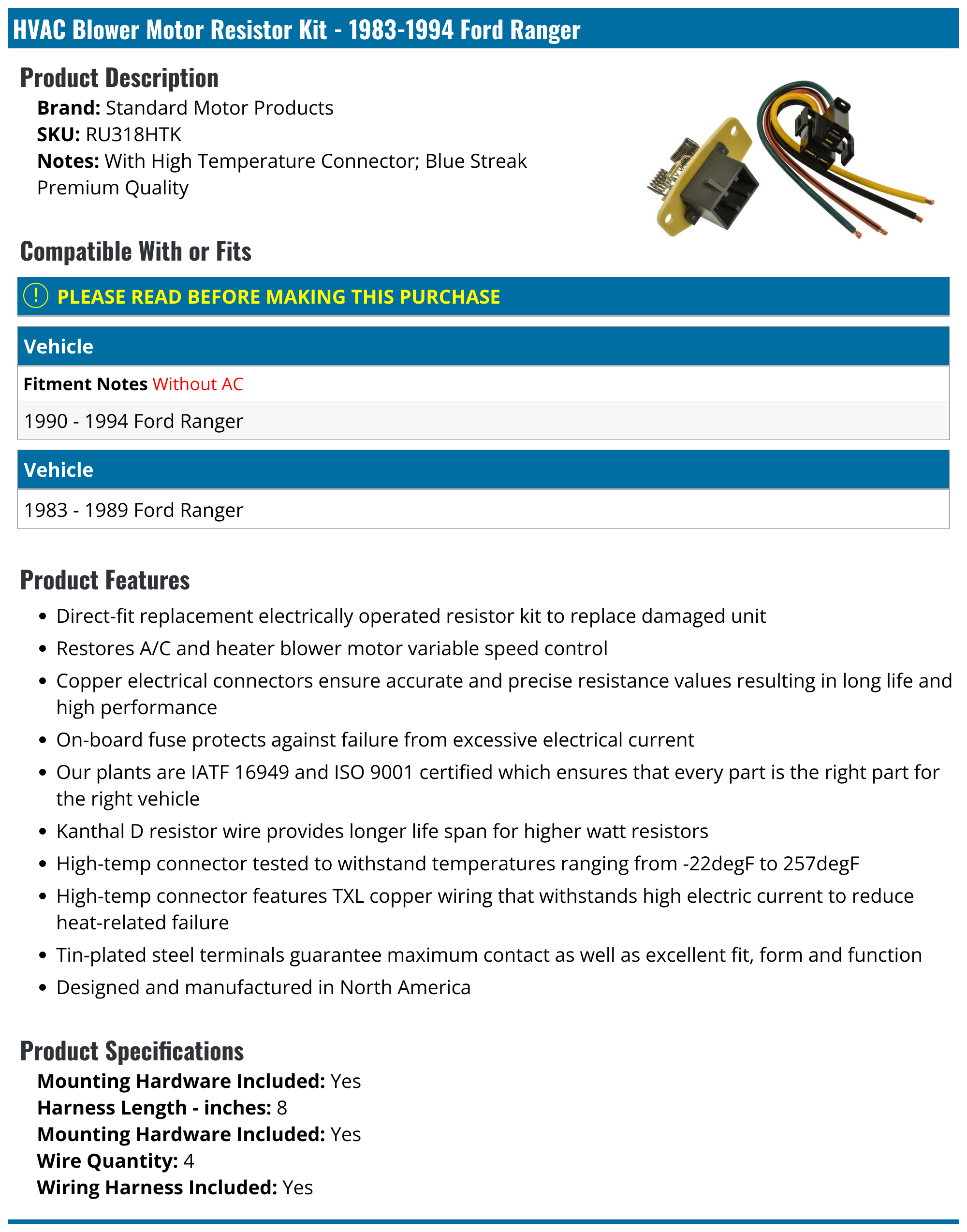 1983-1994 Ford Ranger Blower Motor Resistor - Standard Motor Products ...