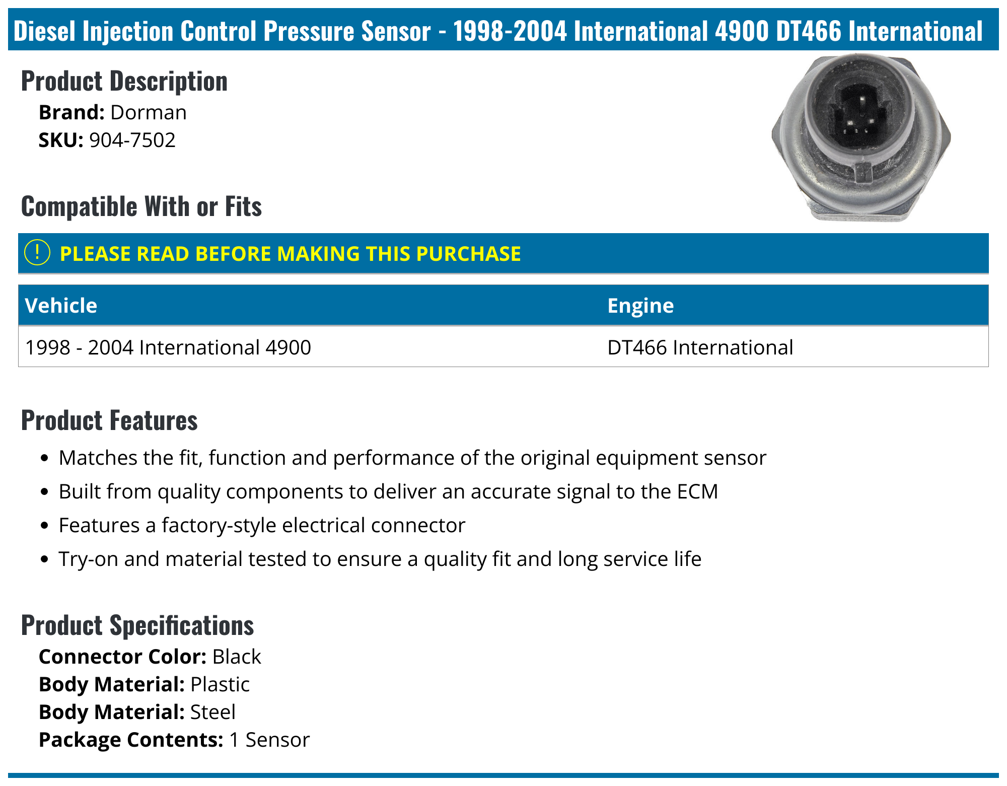 1998-2004 International 4900 Diesel Injection Control Pressure Sensor ...