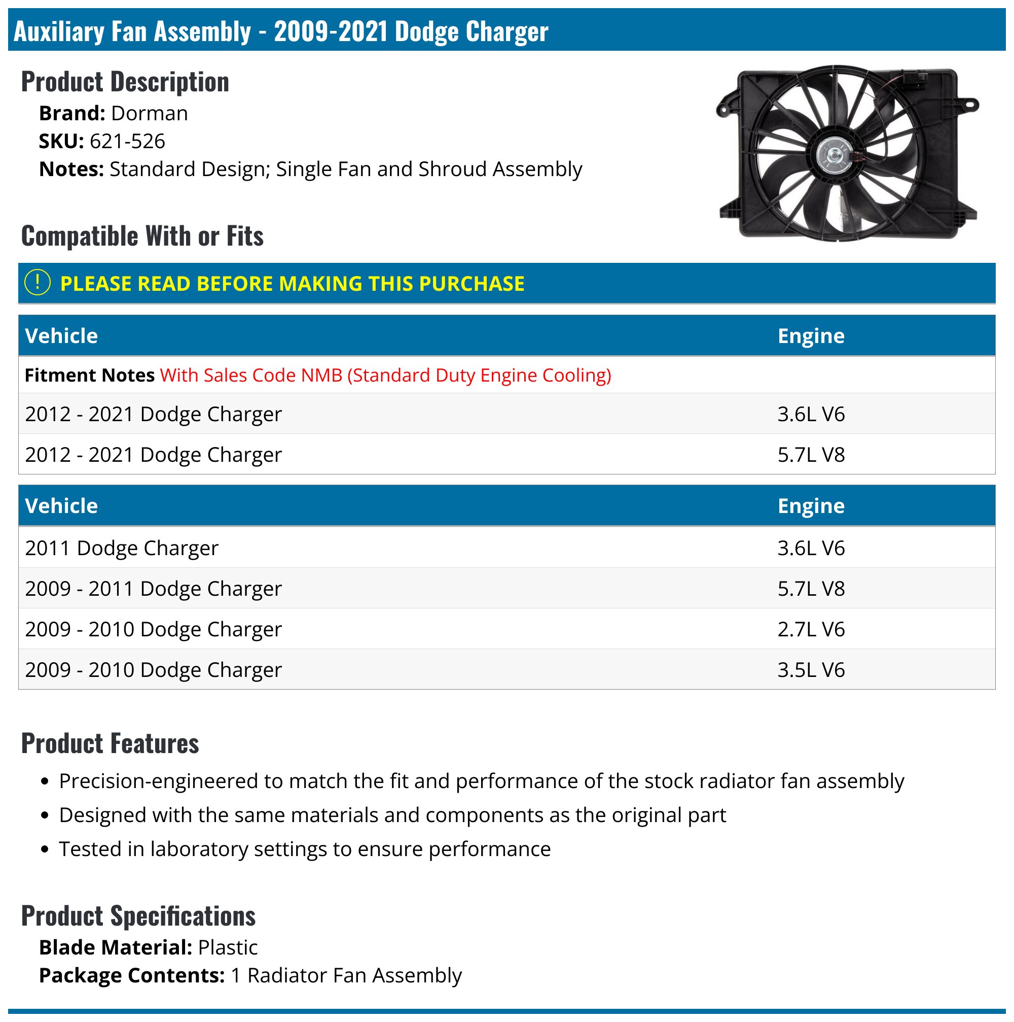 2009-2023 Dodge Charger Radiator Fan Assembly - Dorman 621-526 ...