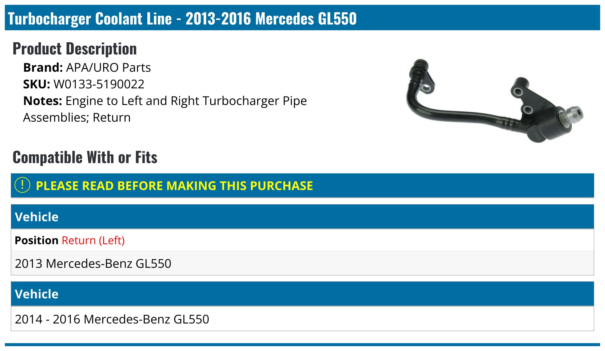 2013-2016 Mercedes GL550 Turbocharger Coolant Line - APA/URO Parts ...