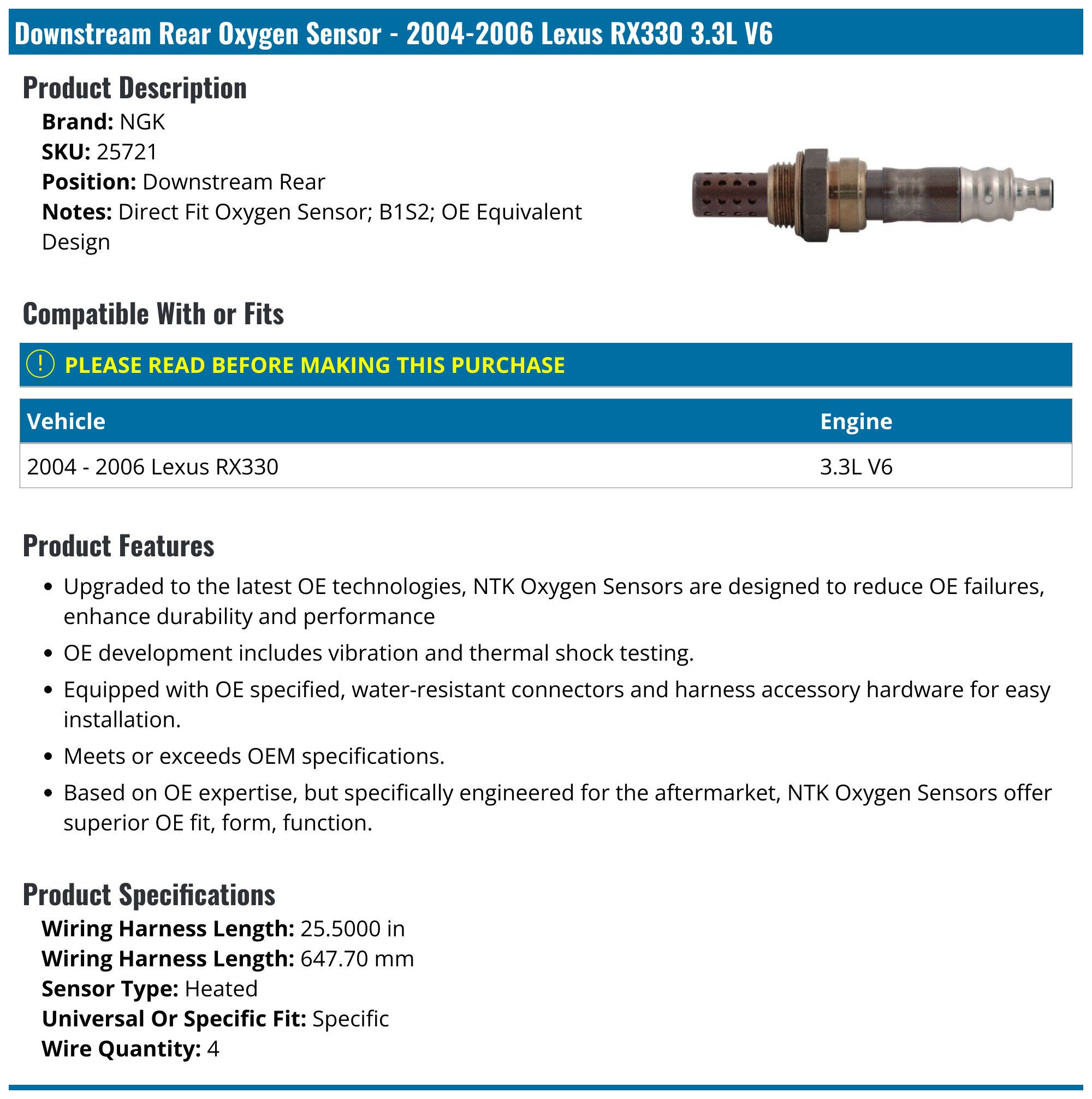 2004-2006 Lexus RX330 Oxygen Sensor - NGK 25721 - Downstream Rear ...