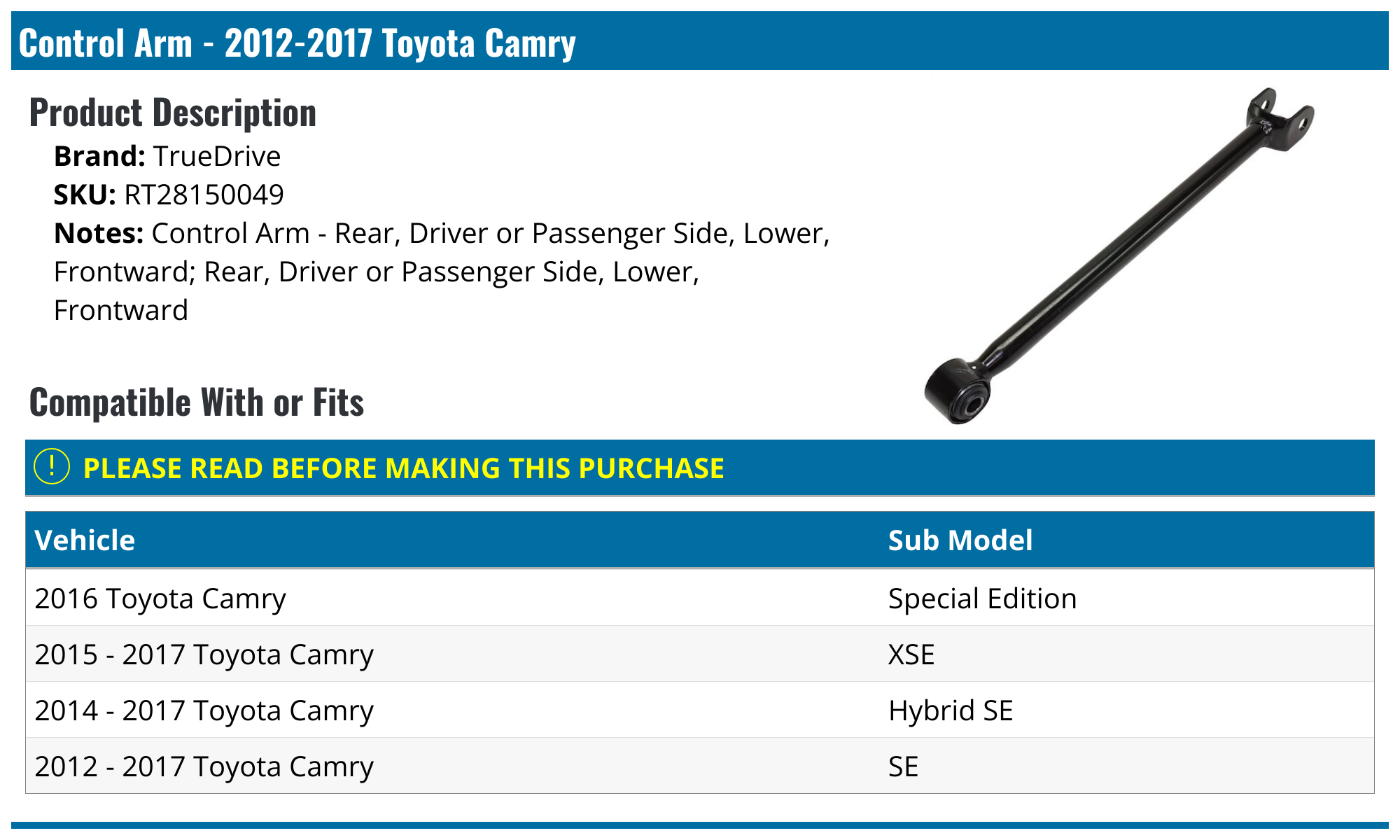 2012-2017 Toyota Camry Control Arm - TrueDrive RT28150049 - Rear Left ...