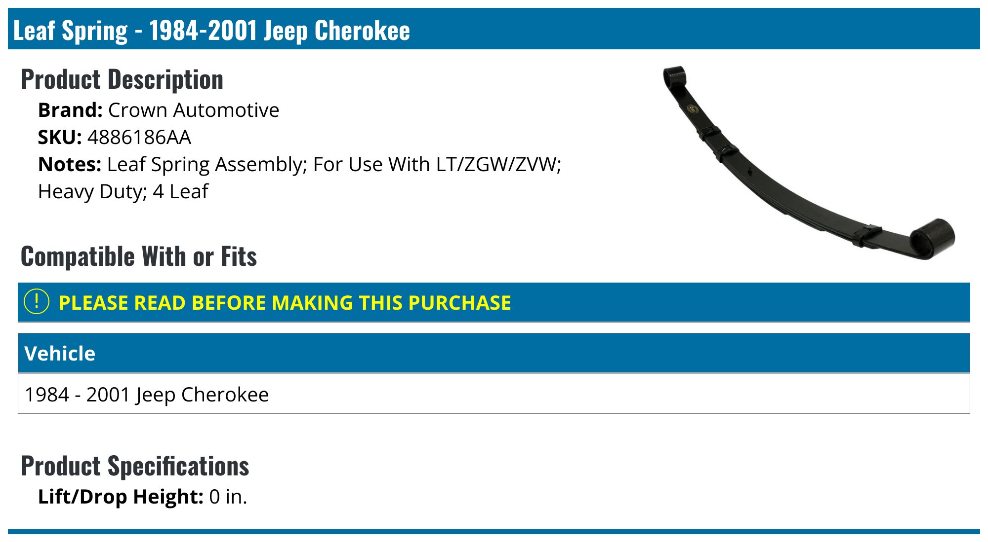 1984-2001 Jeep Cherokee Leaf Spring - Crown Automotive 4886186AA ...