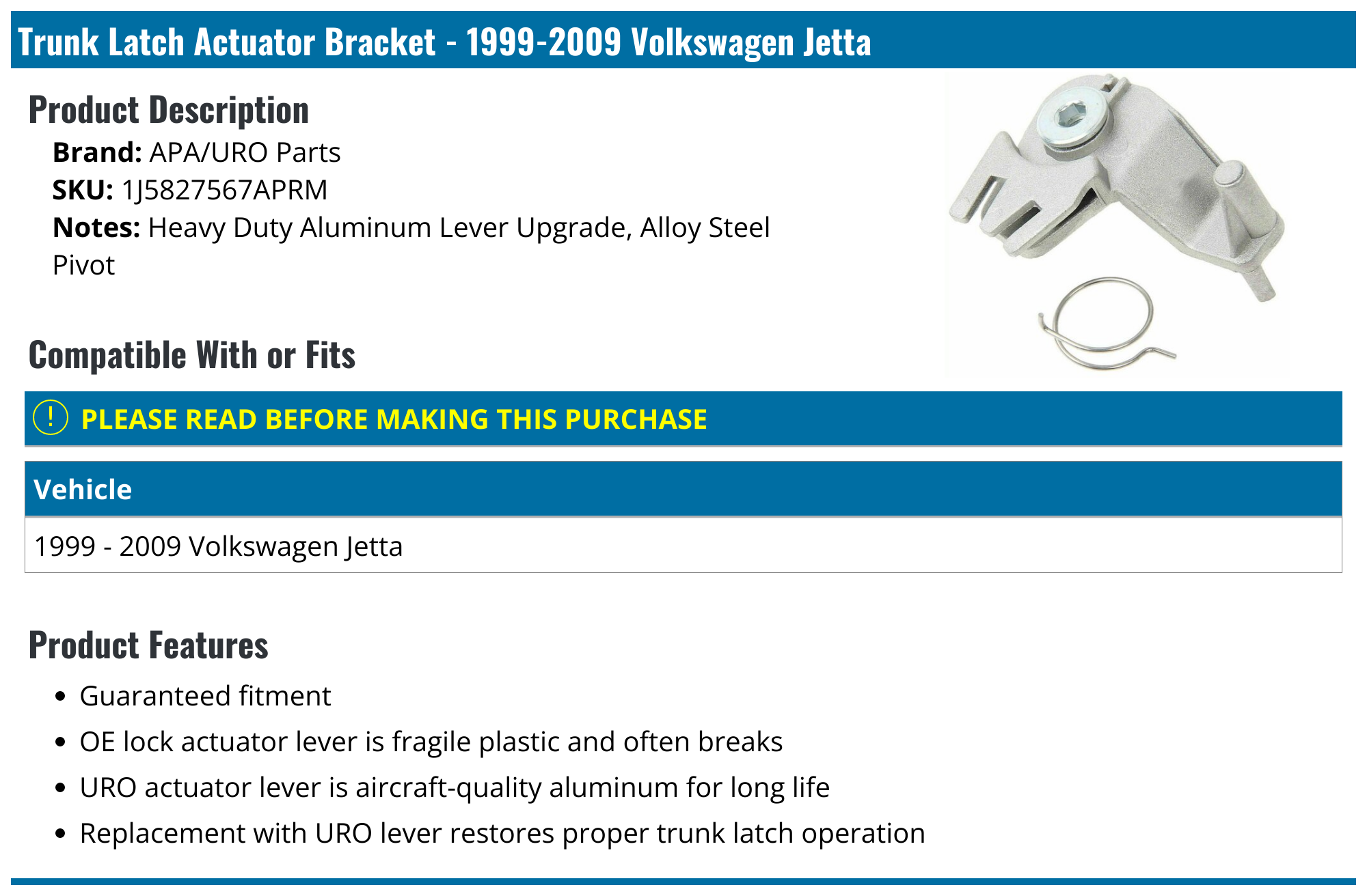 1999-2009 Volkswagen Jetta Trunk Latch Actuator Bracket - APA/URO Parts ...