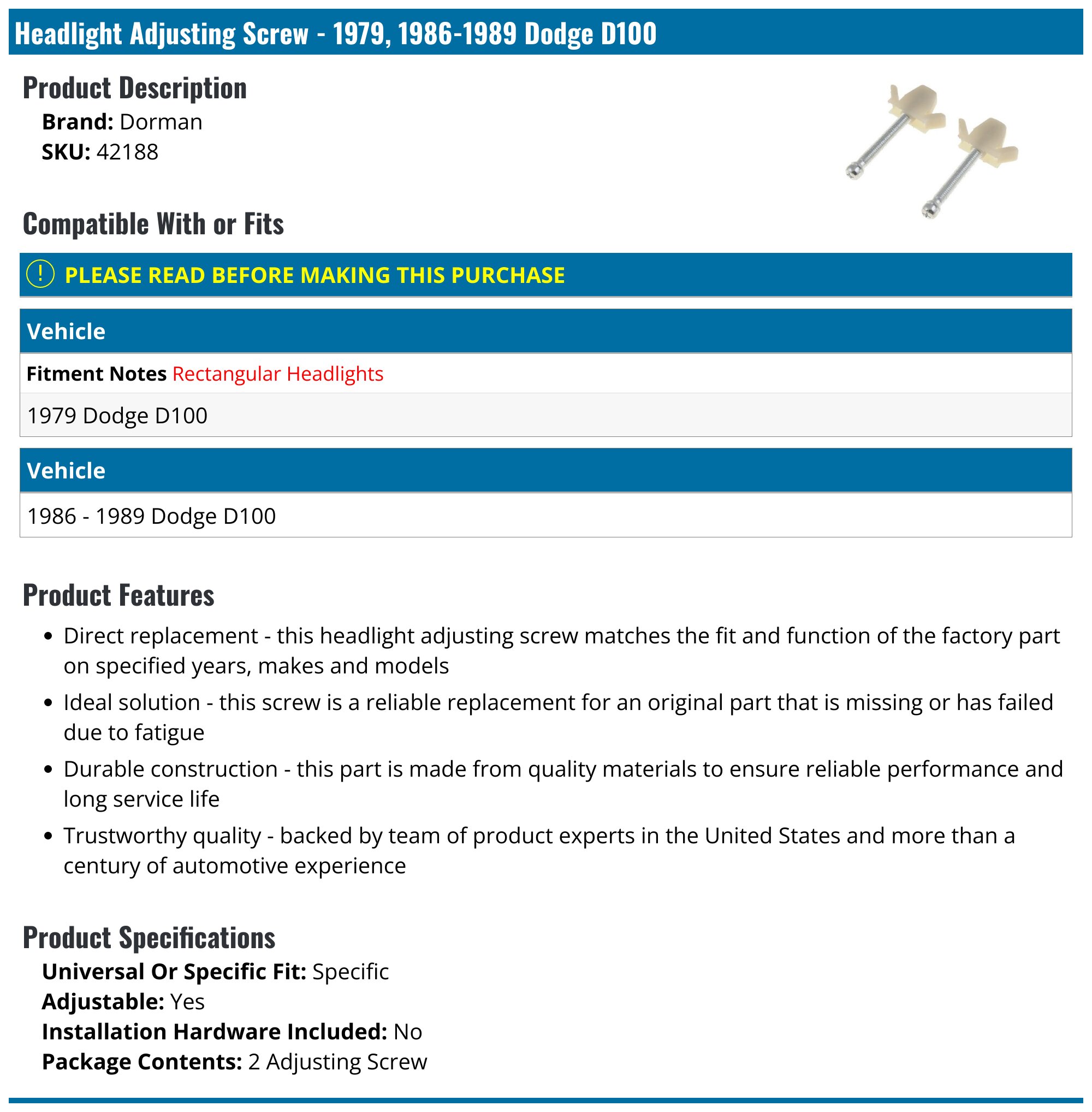 1979, 1986-1989 Dodge D100 Headlight Adjusting Screw - Dorman 42188 ...