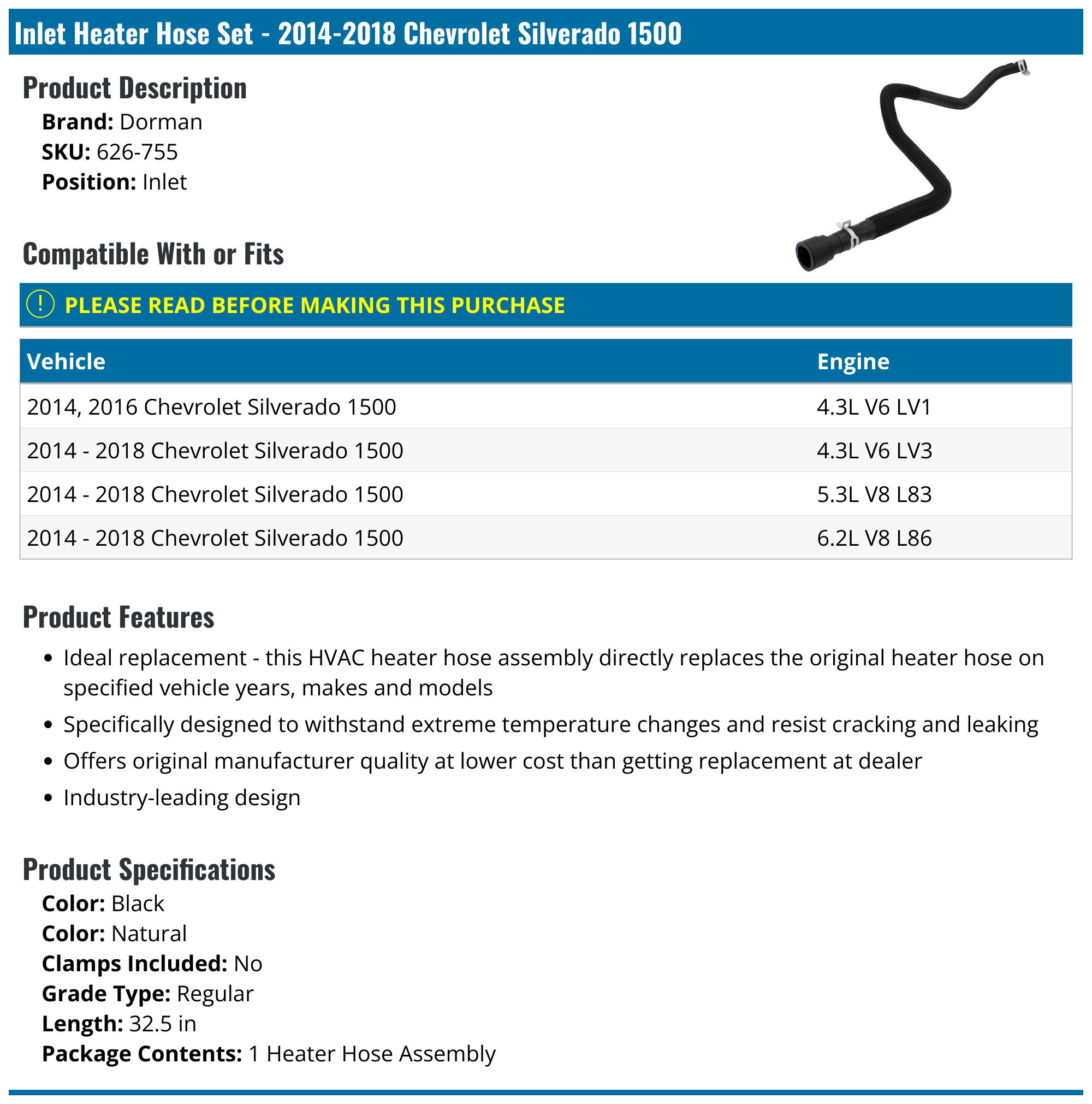 2014-2018 Chevrolet Silverado 1500 Heater Hose - Dorman 626-755 - Inlet ...