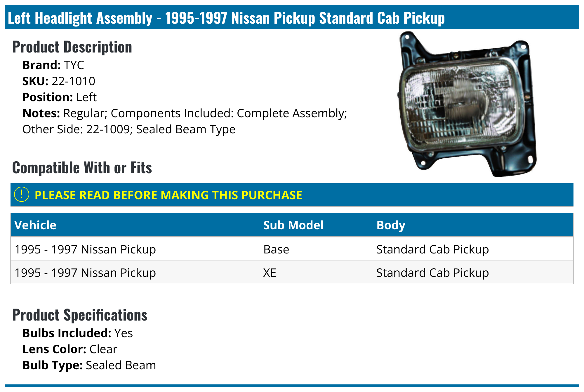 1995-1997 Nissan Pickup Headlight Assembly - TYC 22-1010 - Left ...