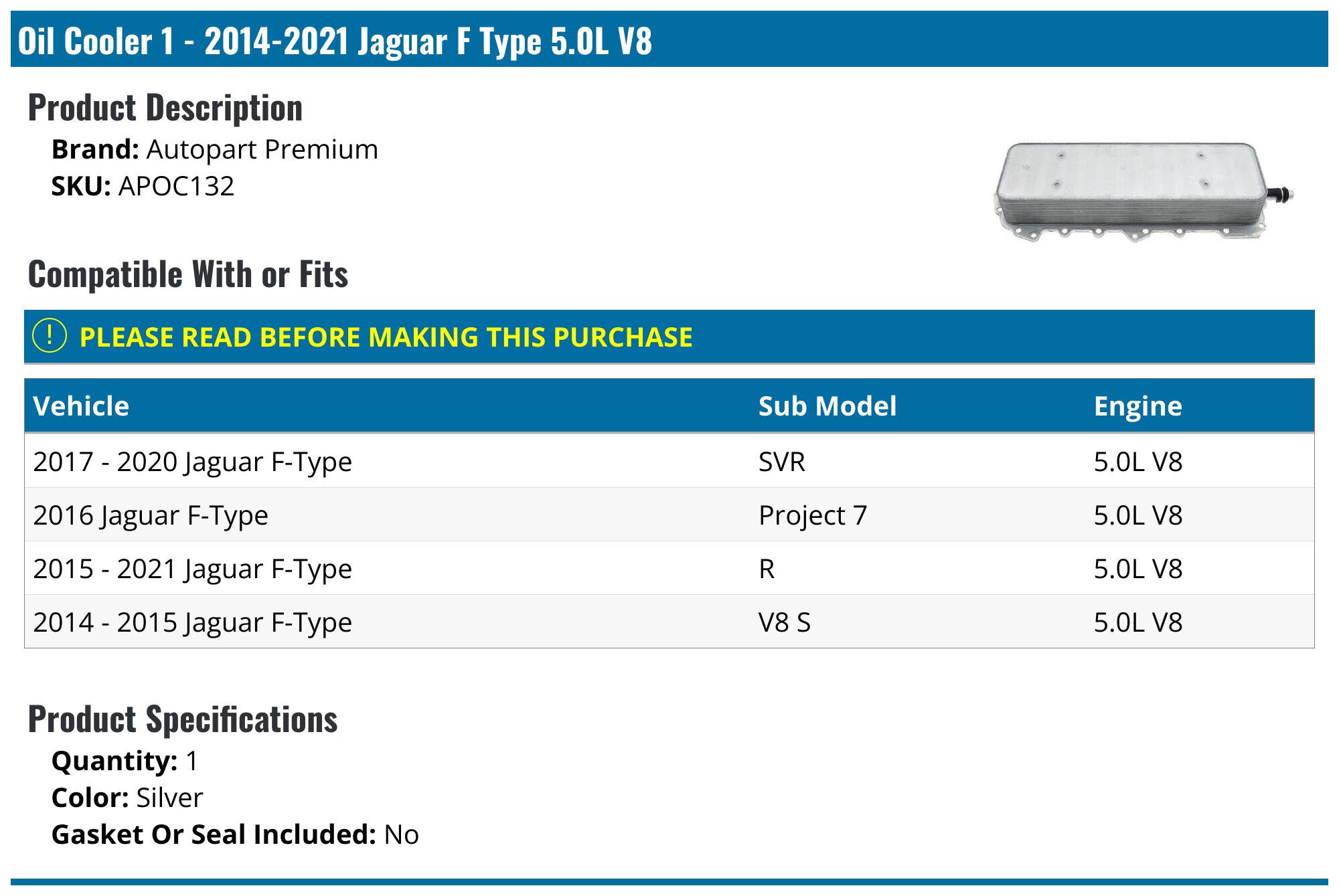 2014-2021 Jaguar F Type Oil Cooler - Autopart Premium APOC132 ...