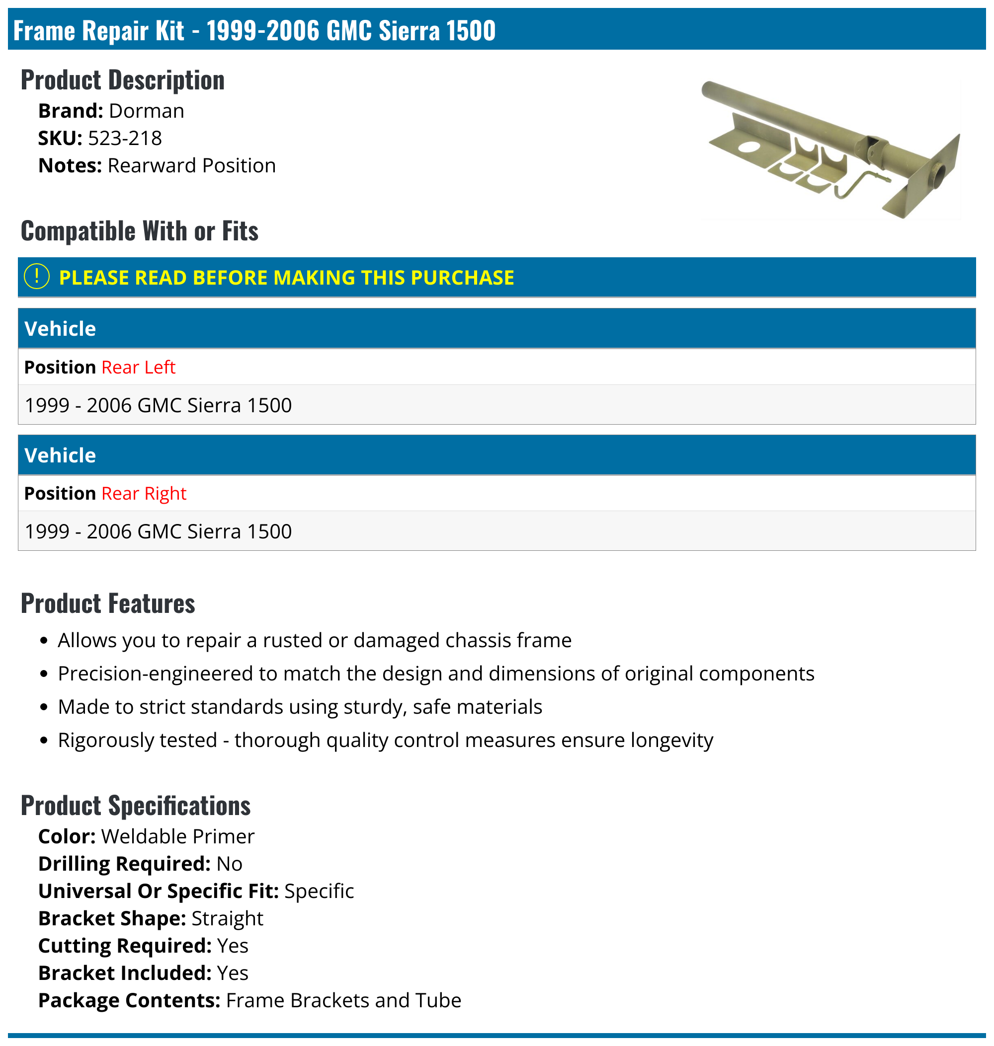 1999-2006 GMC Sierra 1500 Frame Repair Kit - Dorman 523-218 - Rear Left ...