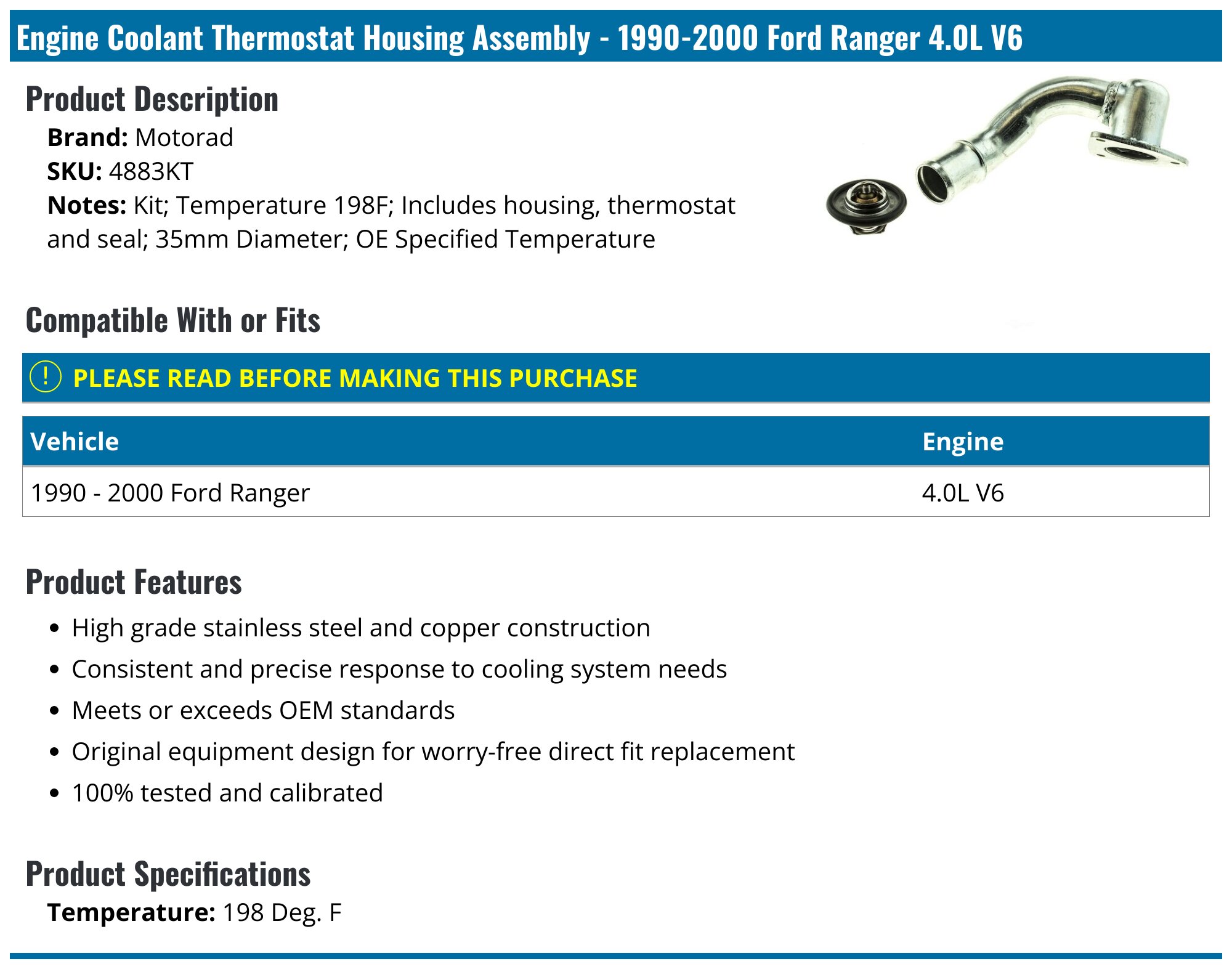 1990-2000 Ford Ranger Thermostat Housing - Motorad 4883KT - PartsGeek.com