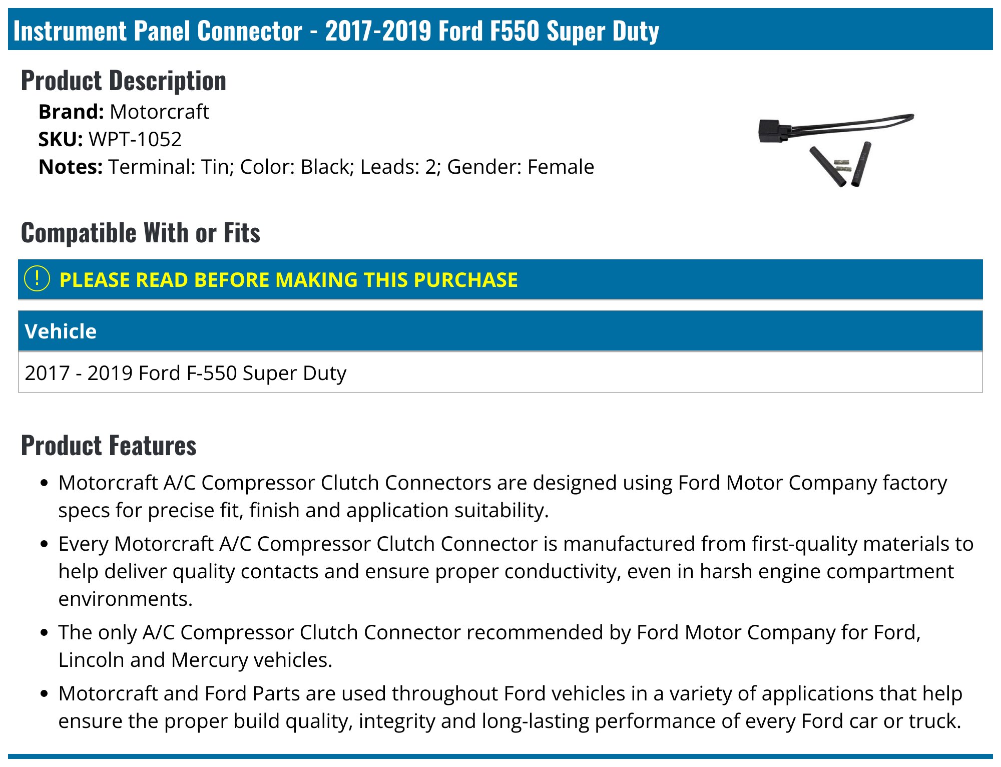 2017-2019 Ford F550 Super Duty Instrument Panel Connector - Motorcraft ...