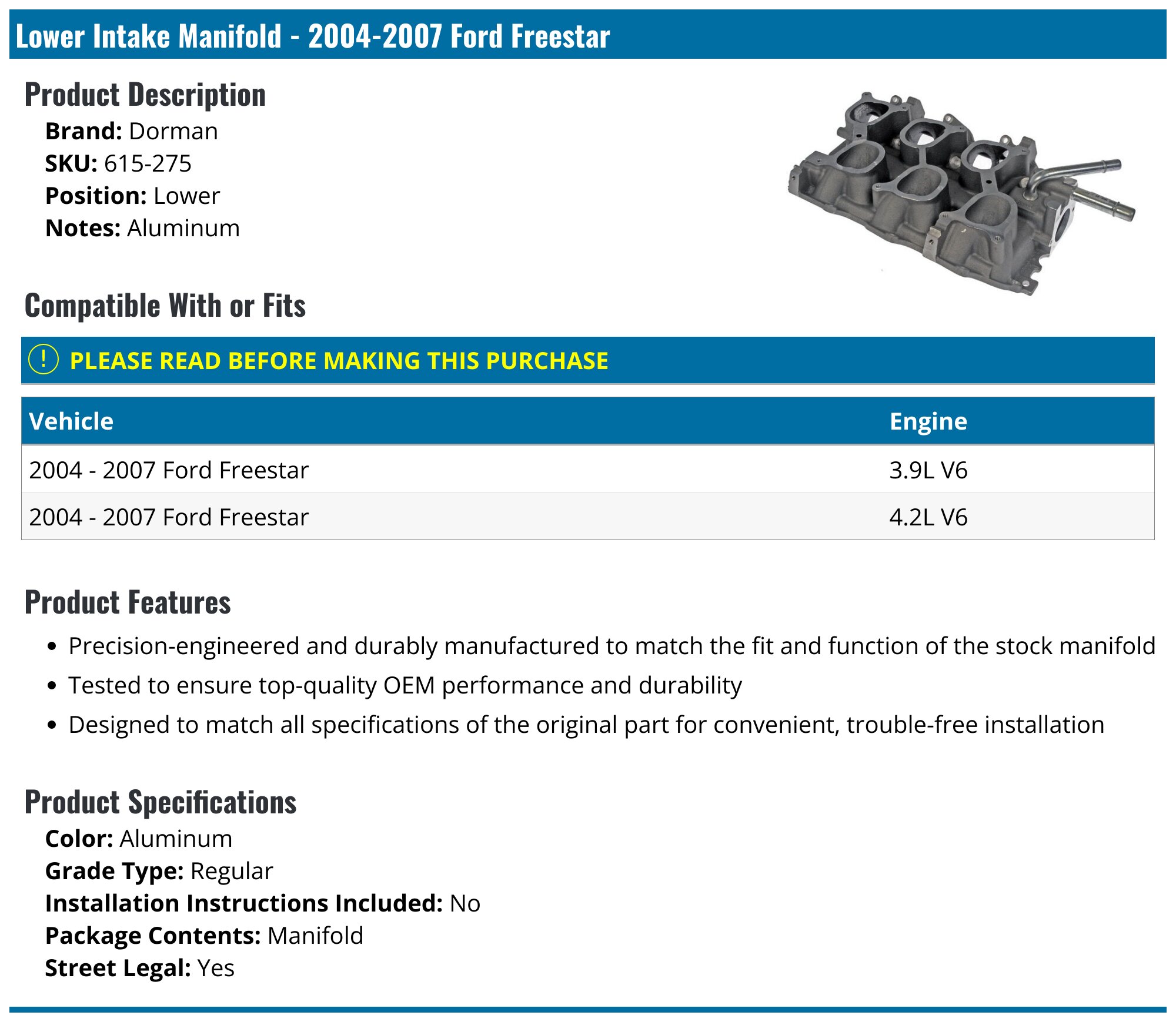 2004-2007 Ford Freestar Intake Manifold - Dorman 615-275 - Lower ...