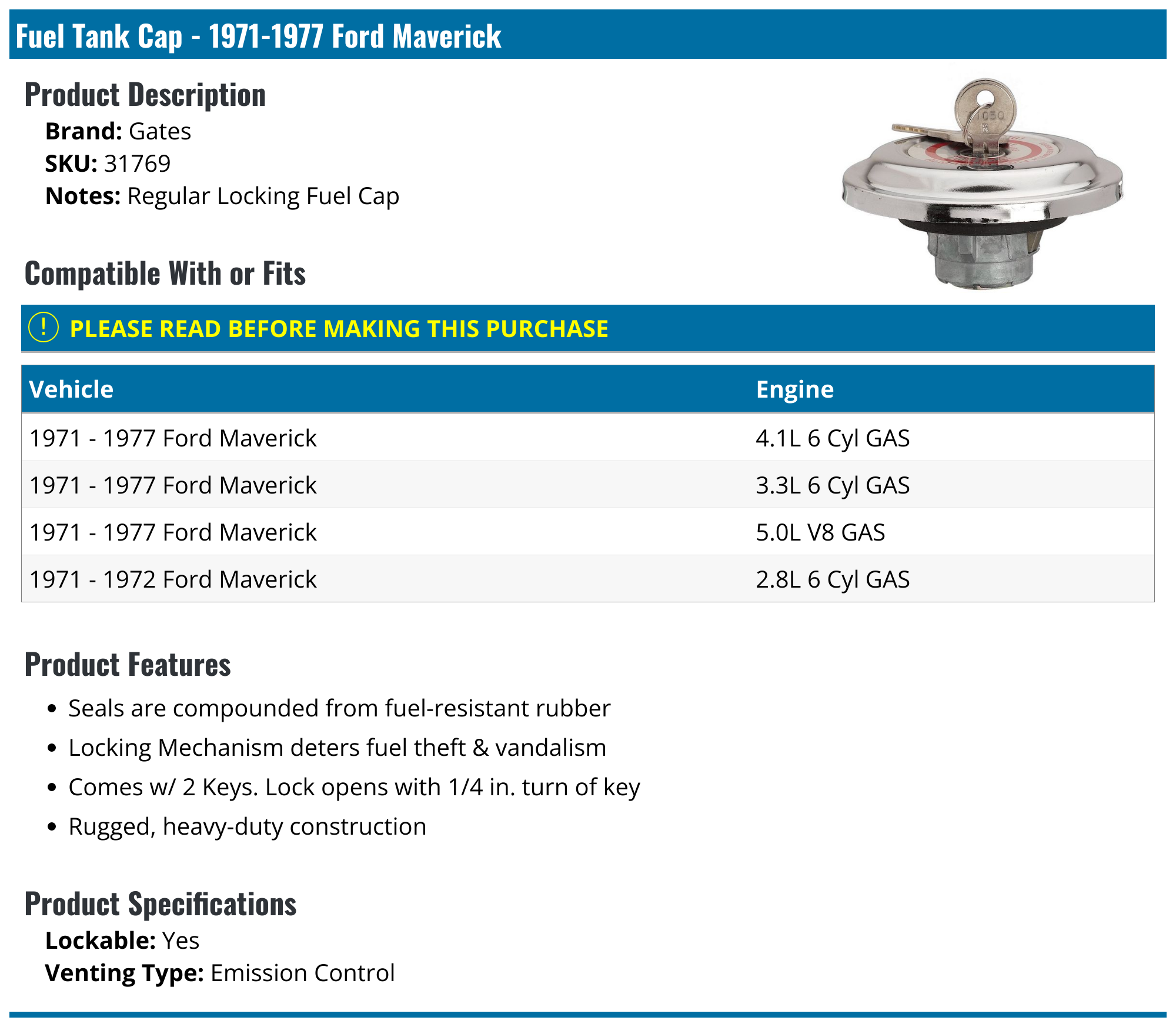 1971-1977 Ford Maverick Fuel Tank Cap - Gates 31769 - PartsGeek.com