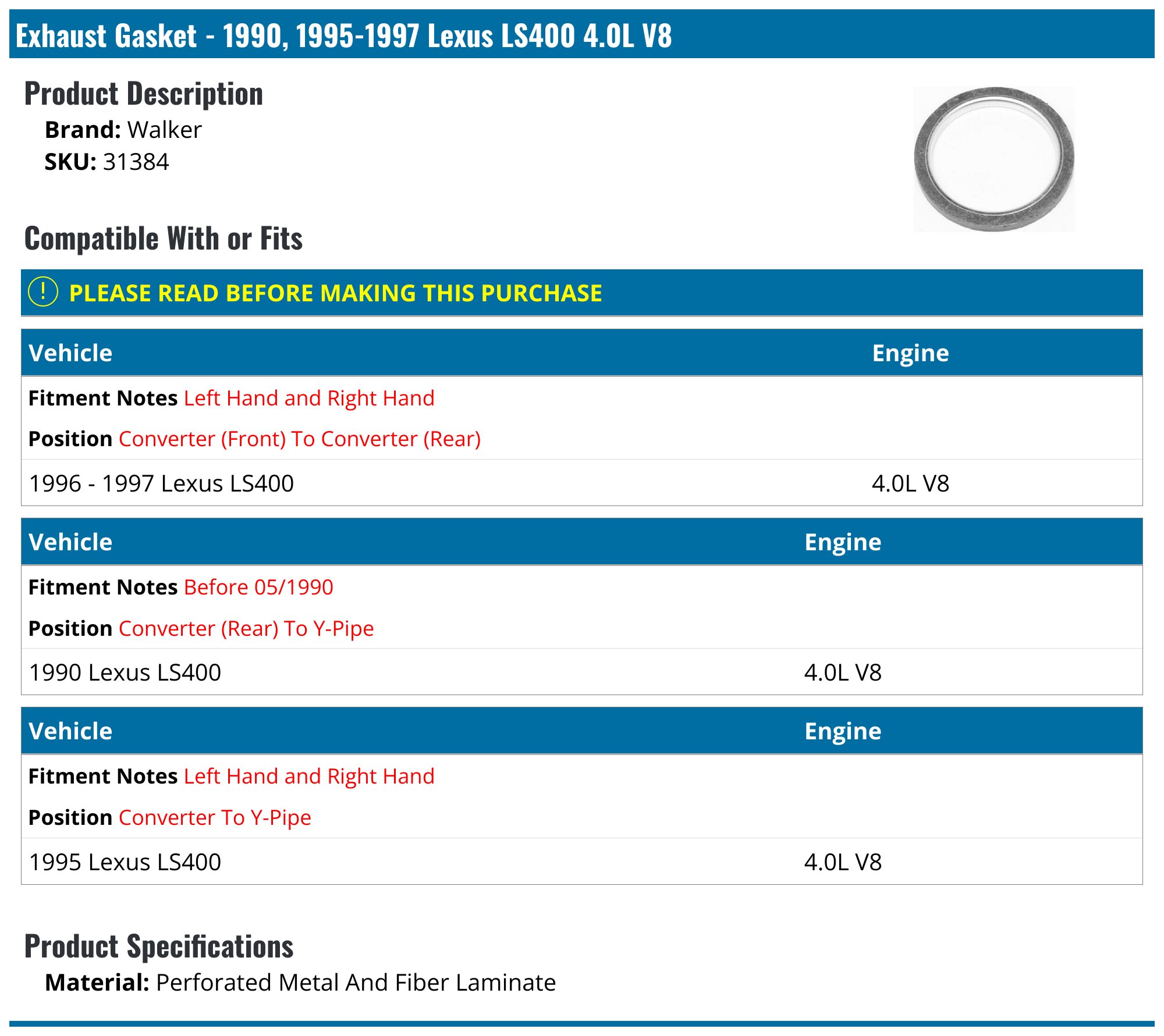 1990, 1995-1997 Lexus LS400 Exhaust Gasket - Walker 31384 - Converter ...