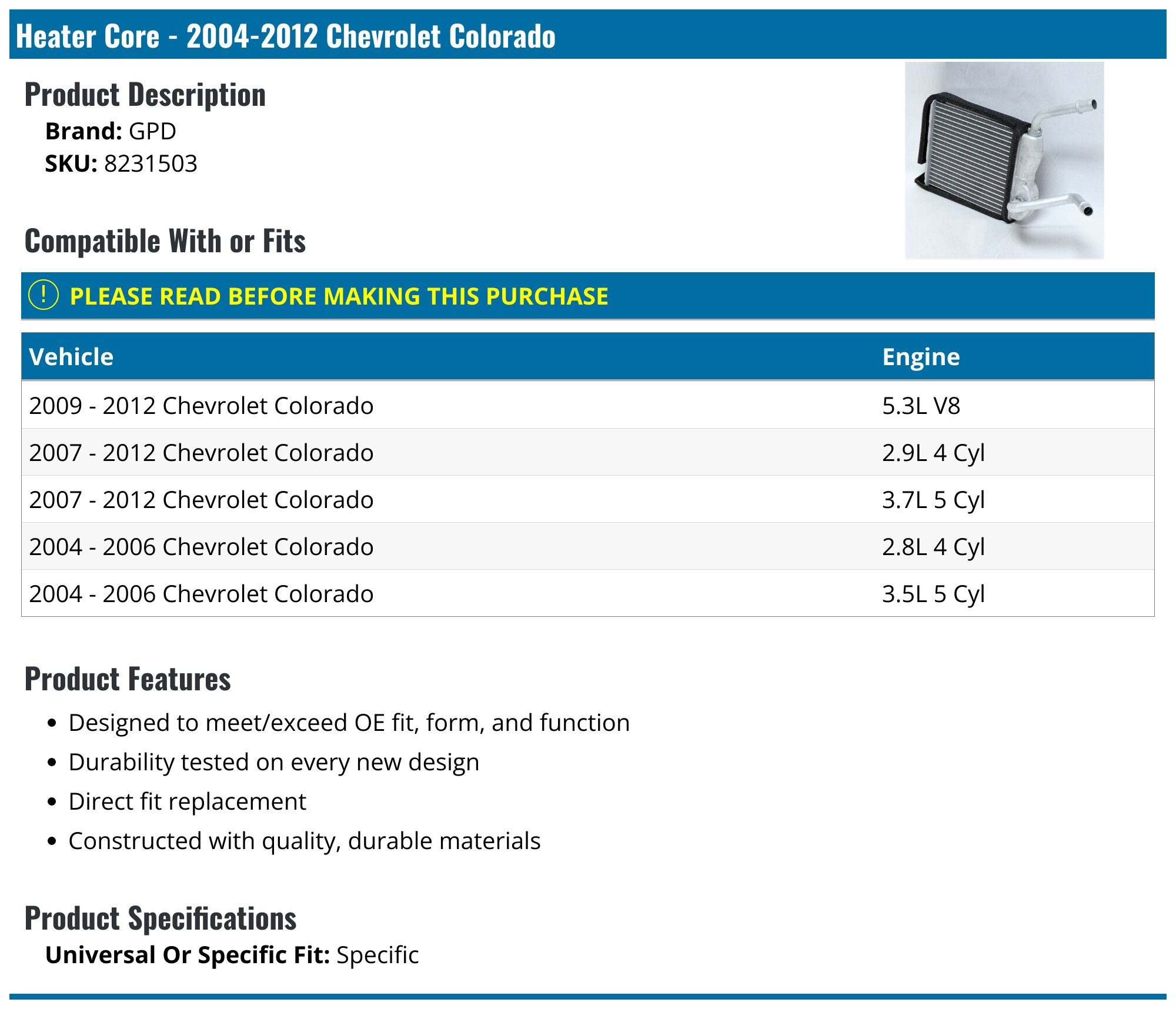 2004-2012 Chevrolet Colorado Heater Core - GPD 8231503 - PartsGeek.com