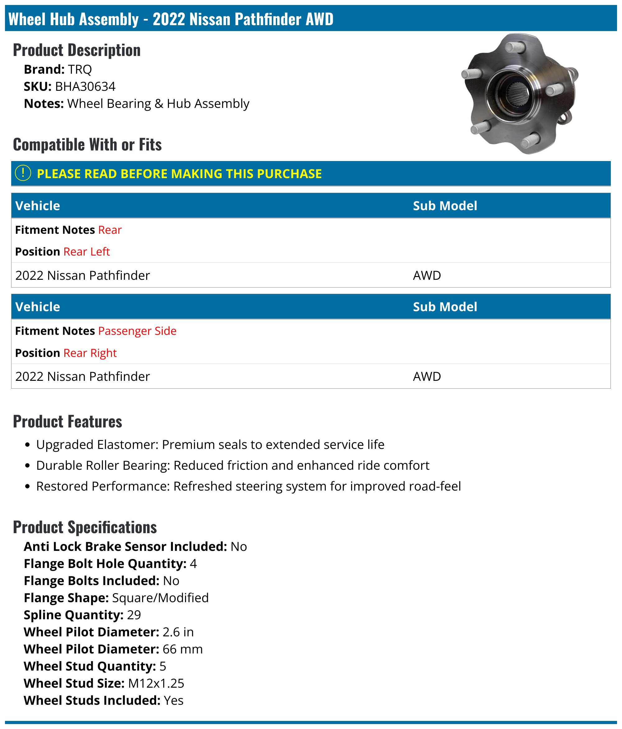 2013-2020 Nissan Pathfinder Wheel Hub Assembly - TRQ BHA30634 - Rear ...
