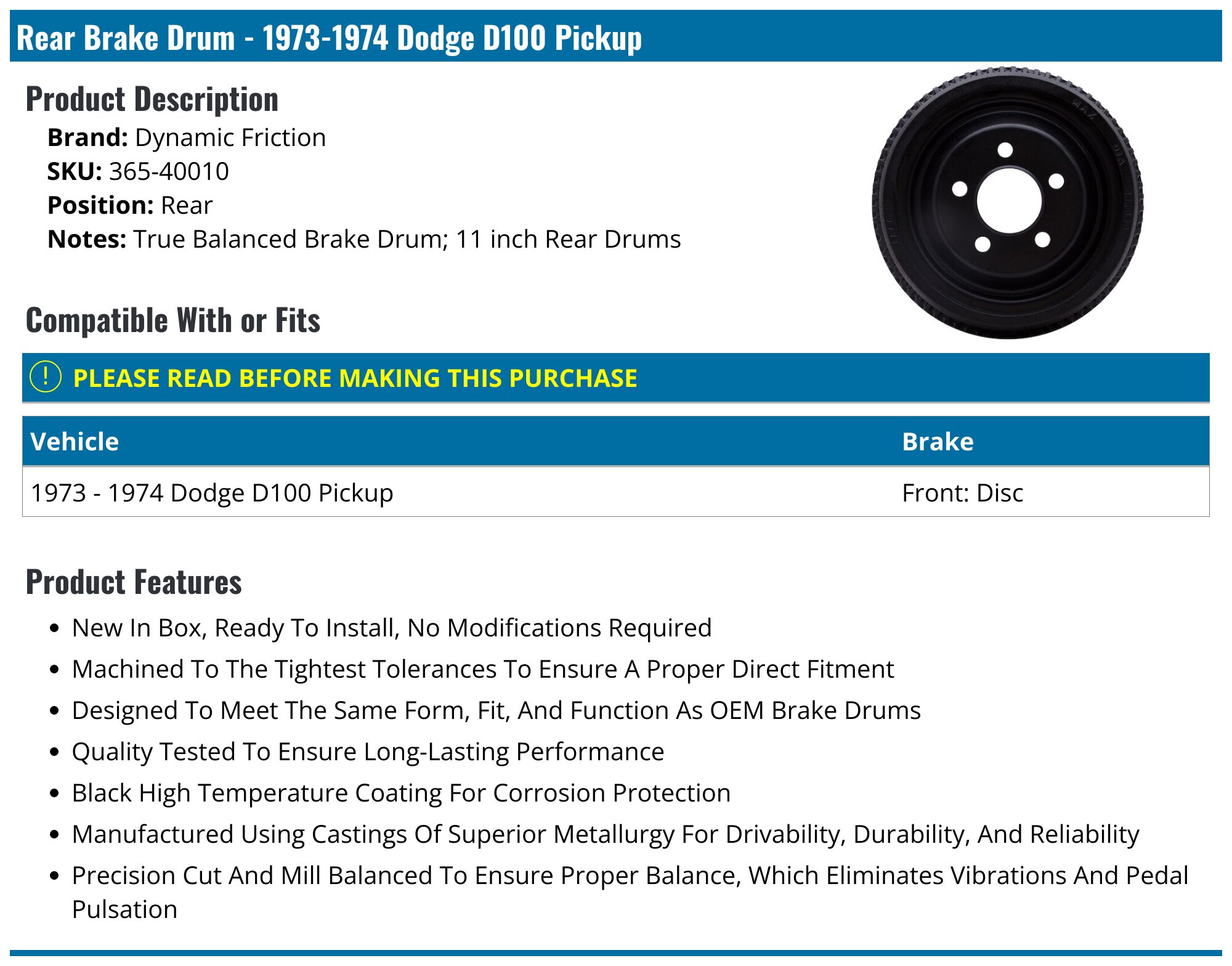 1973-1974 Dodge D100 Pickup Brake Drum - Dynamic Friction 365-40010 ...