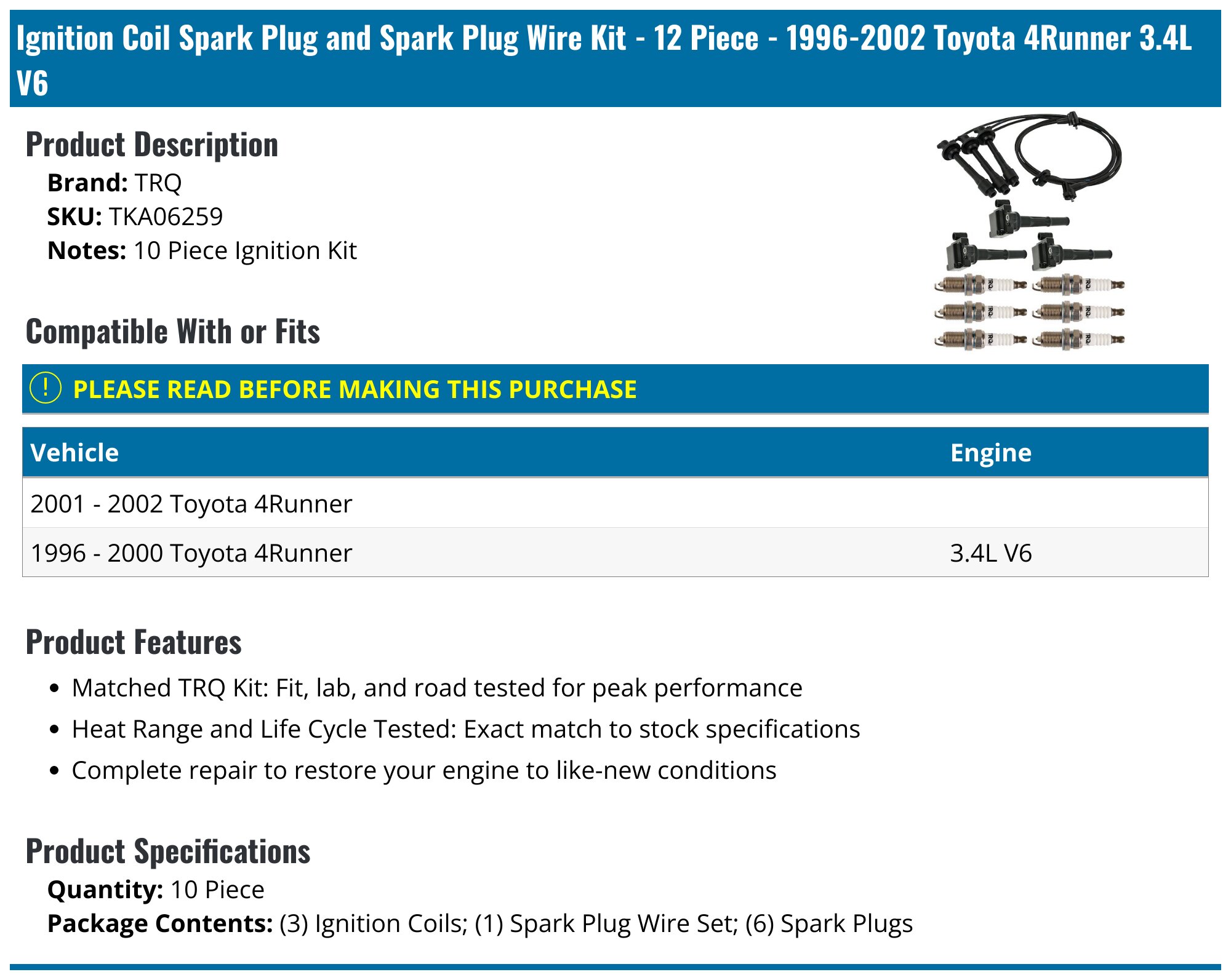 1996-2002 Toyota 4Runner Ignition Coil - TRQ TKA06259 - PartsGeek.com