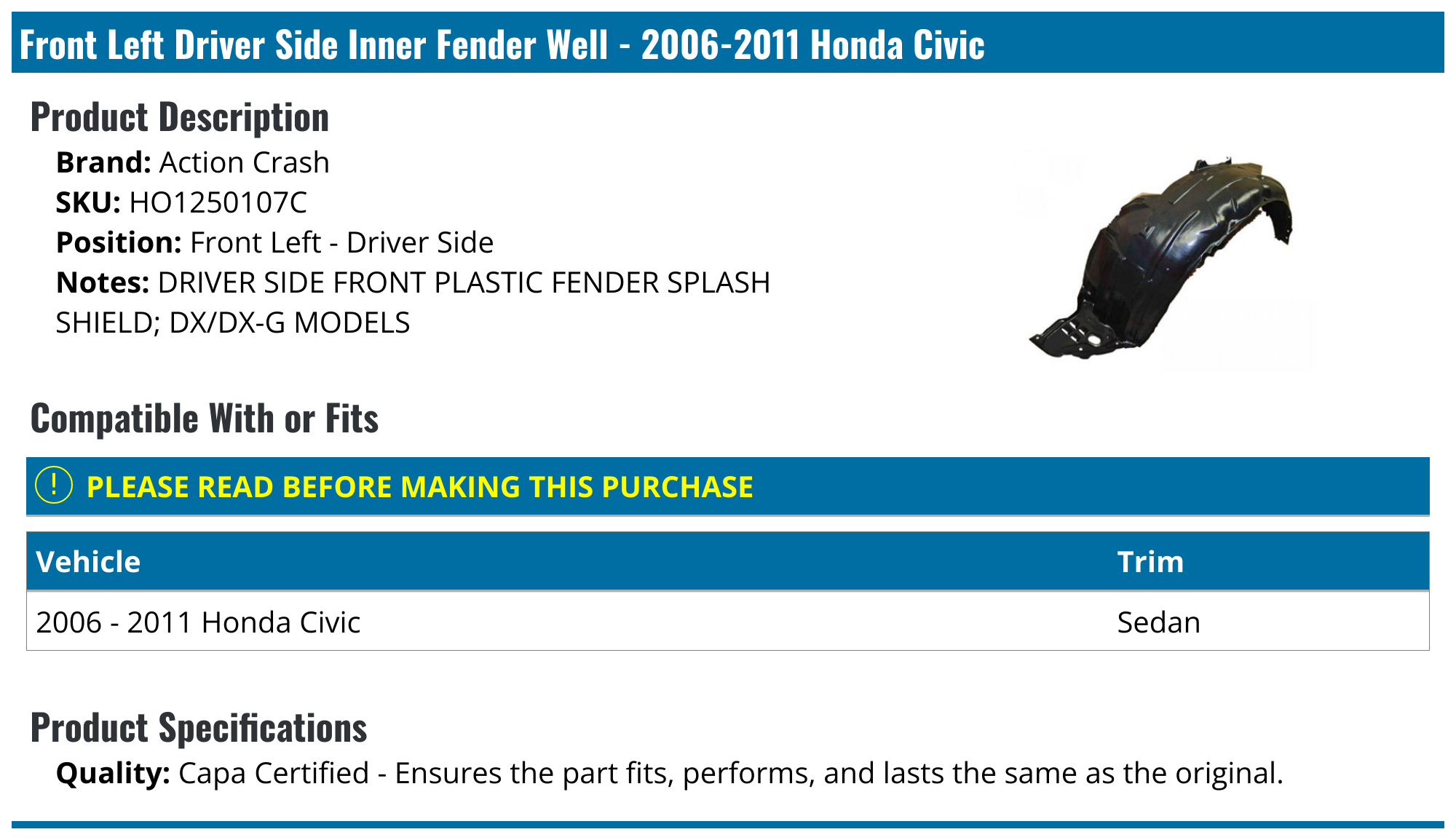 Inner Fender Well Liner - Wheel Well Liner Replacement | Parts Geek